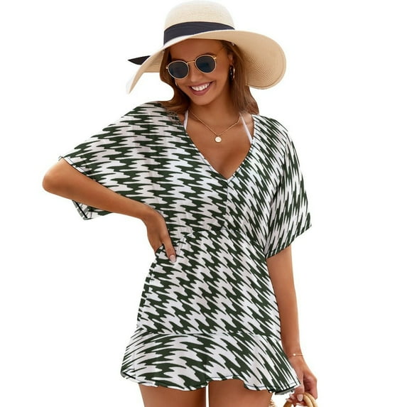 Aesthetic Bottle Green And White Ripple Beach Cover Ups Women V Neck ...