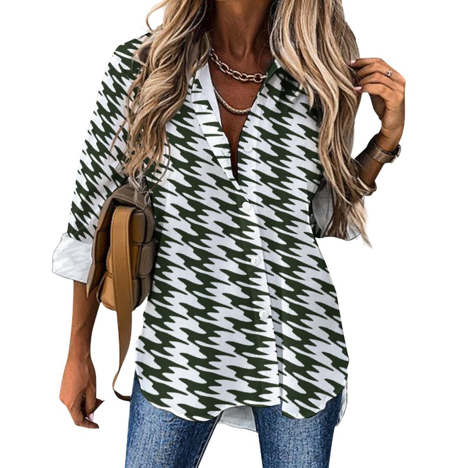 Aesthetic Bottle Green And White Ripple Women's Button Down Long Sleeve ...