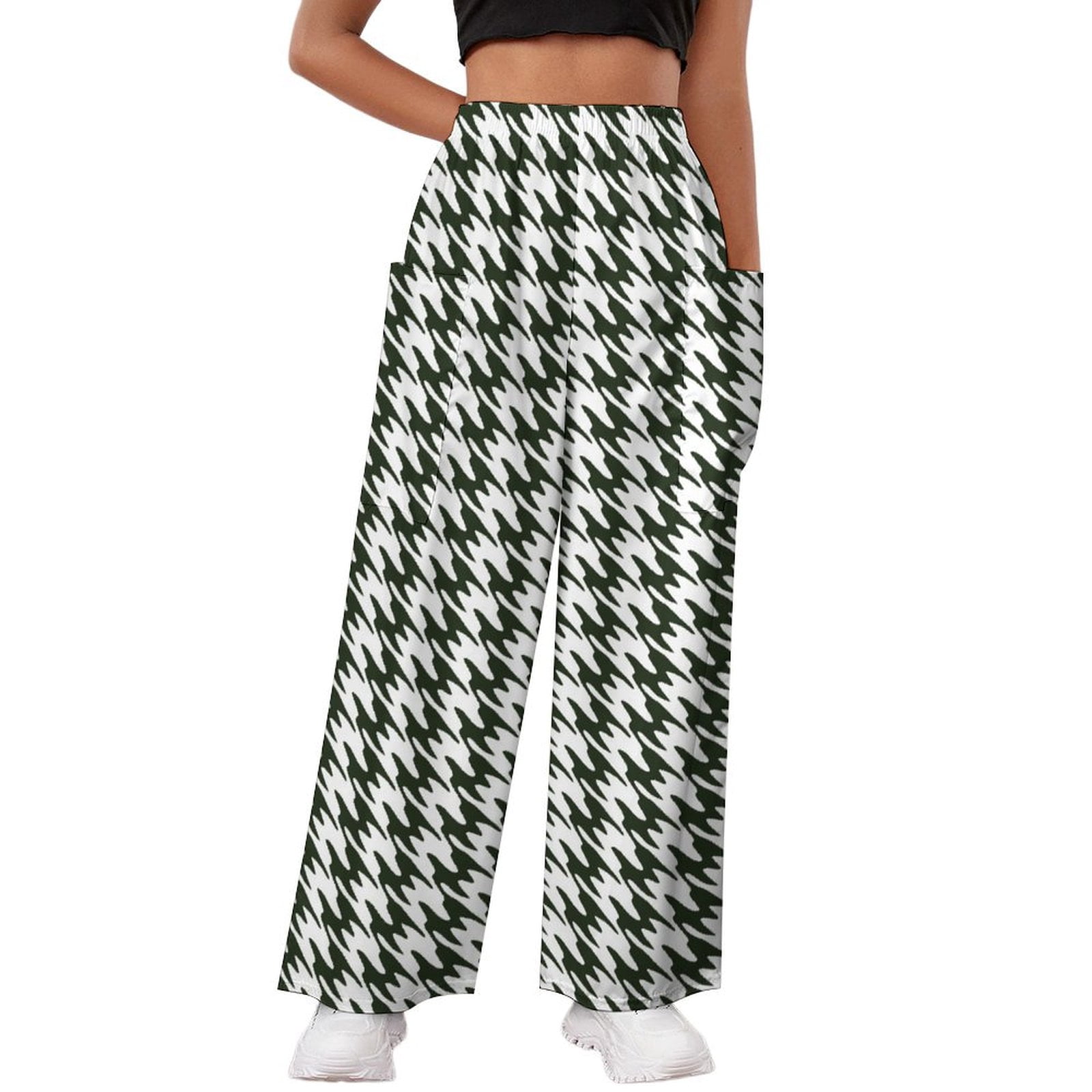 Aesthetic Bottle Green And White Ripple Straight Leg Trousers for Women ...