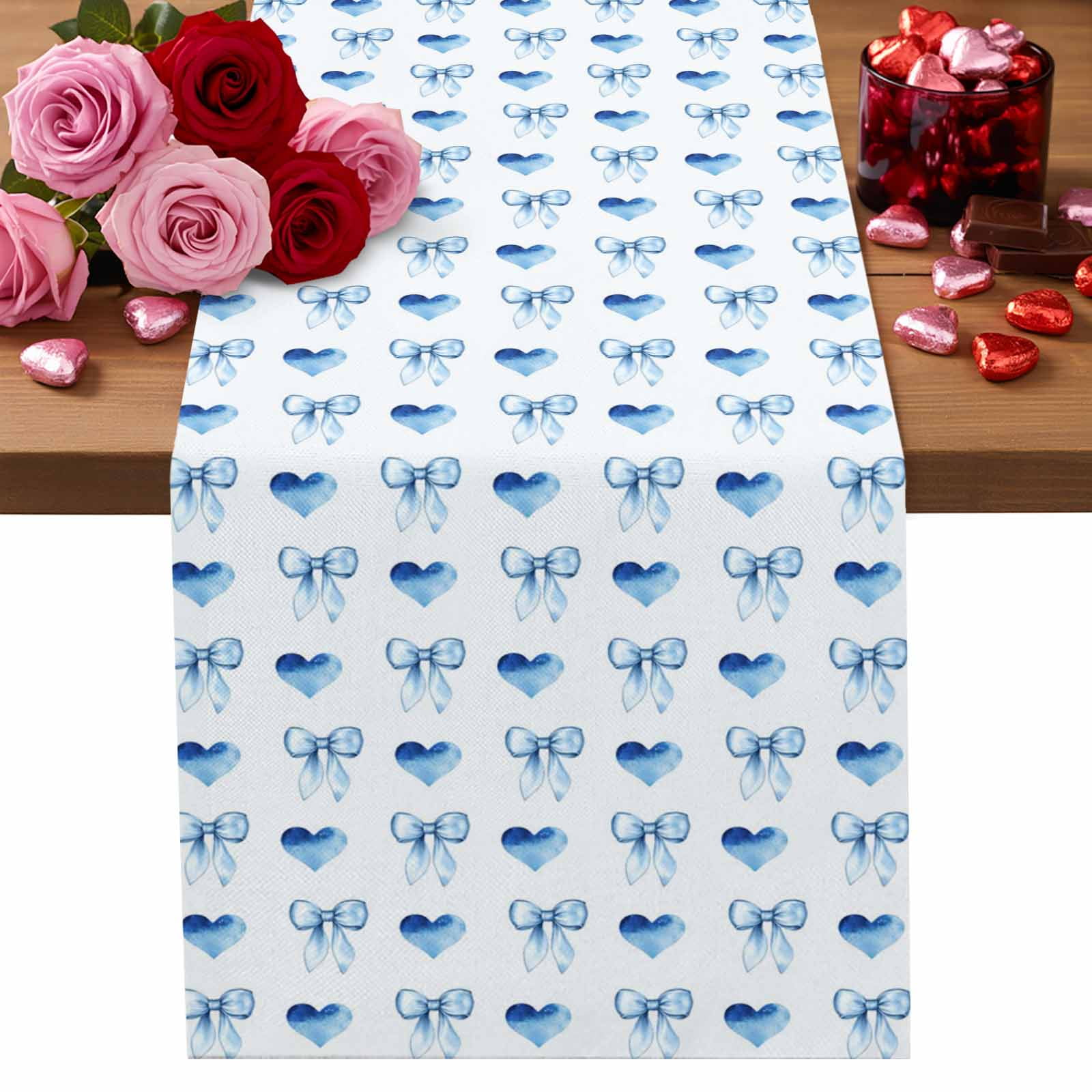 Aesthetic Bow Cotton Linen Table Runner Blue Gradient Heart Bow Blue ...