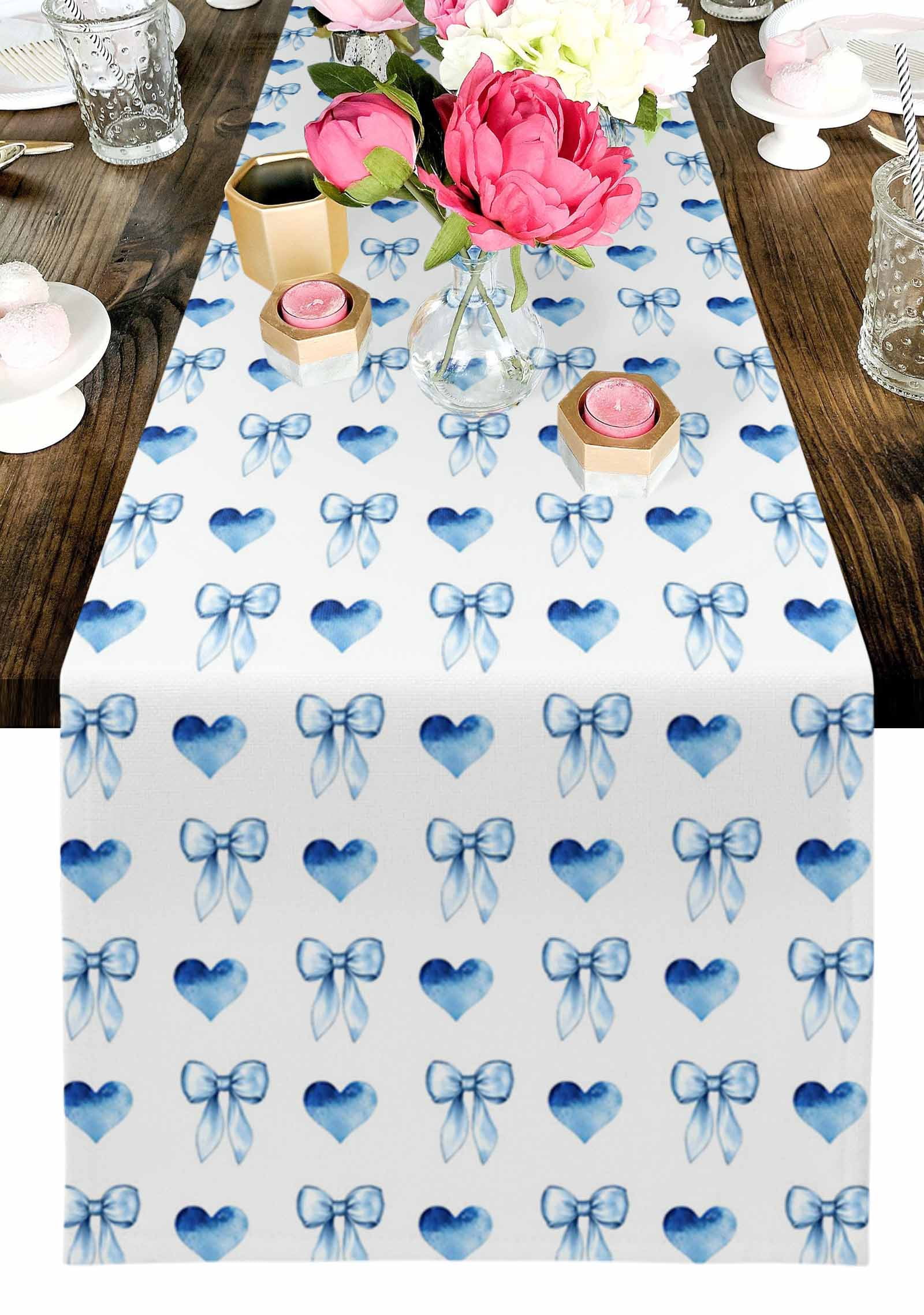 Aesthetic Bow Table Runner, Blue Gradient Heart Bow Blue Theme Washable ...
