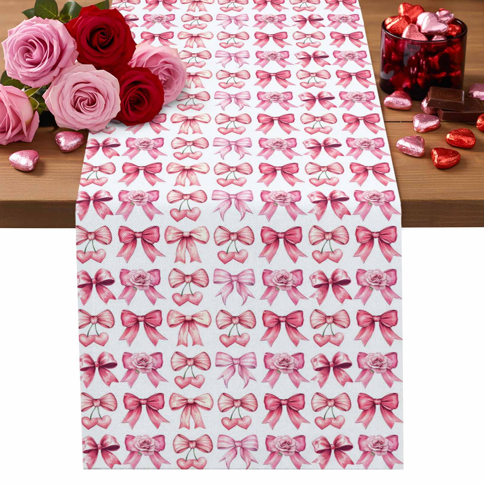 Aesthetic Bows Cotton Linen Table Runner Pink Rose Bow Love Bow White ...