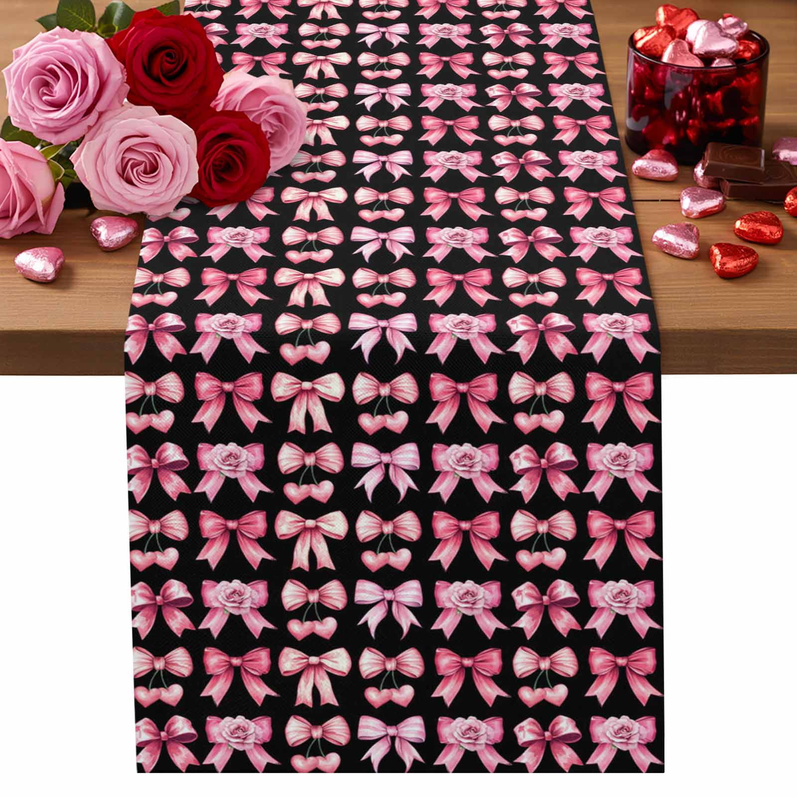 Aesthetic Bows Table Runner 14 x 72 Inch, Pink Bow Rose Bow Black ...