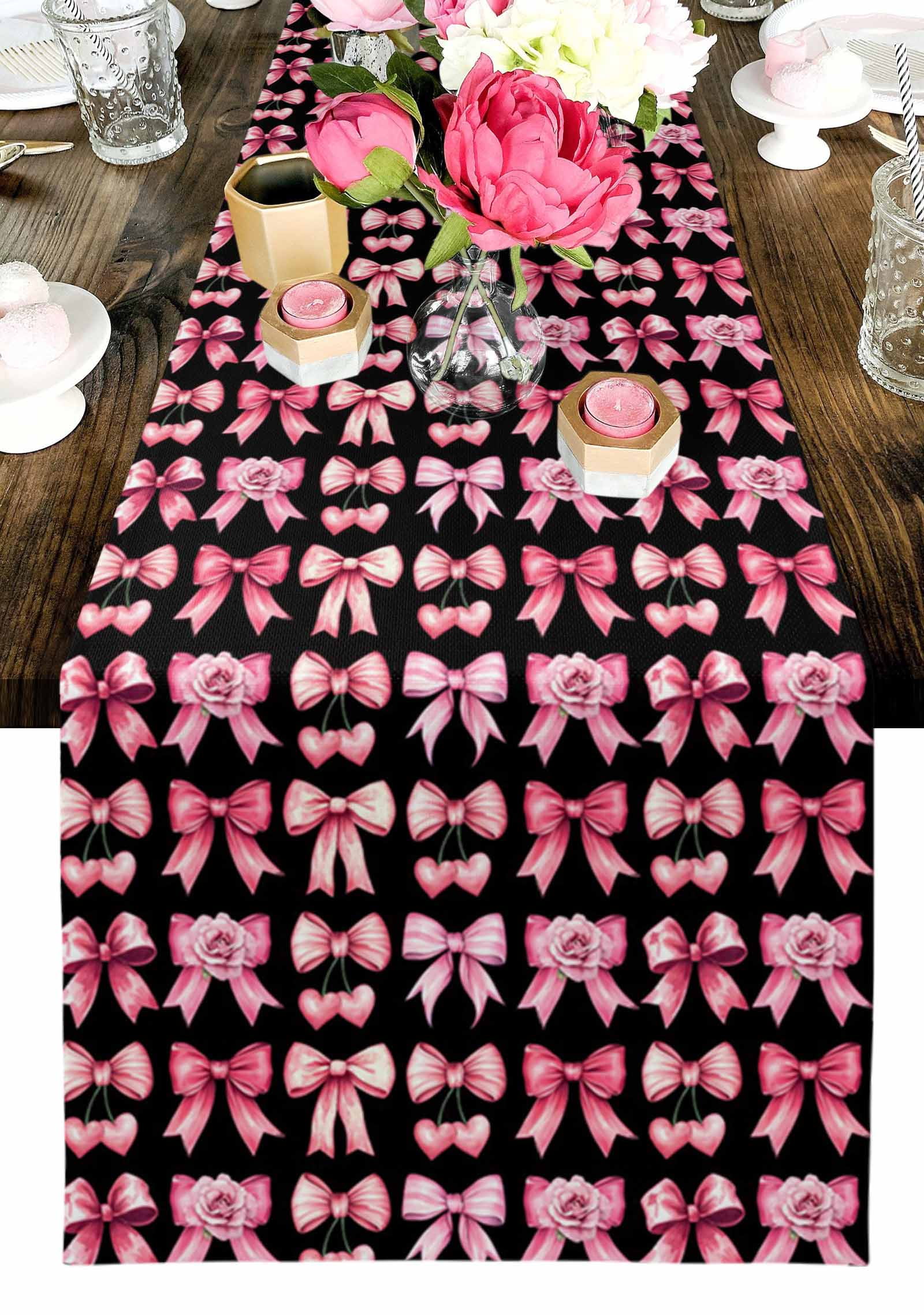 Aesthetic Bows Table Runner, Pink Bow Rose Bow Black Background ...