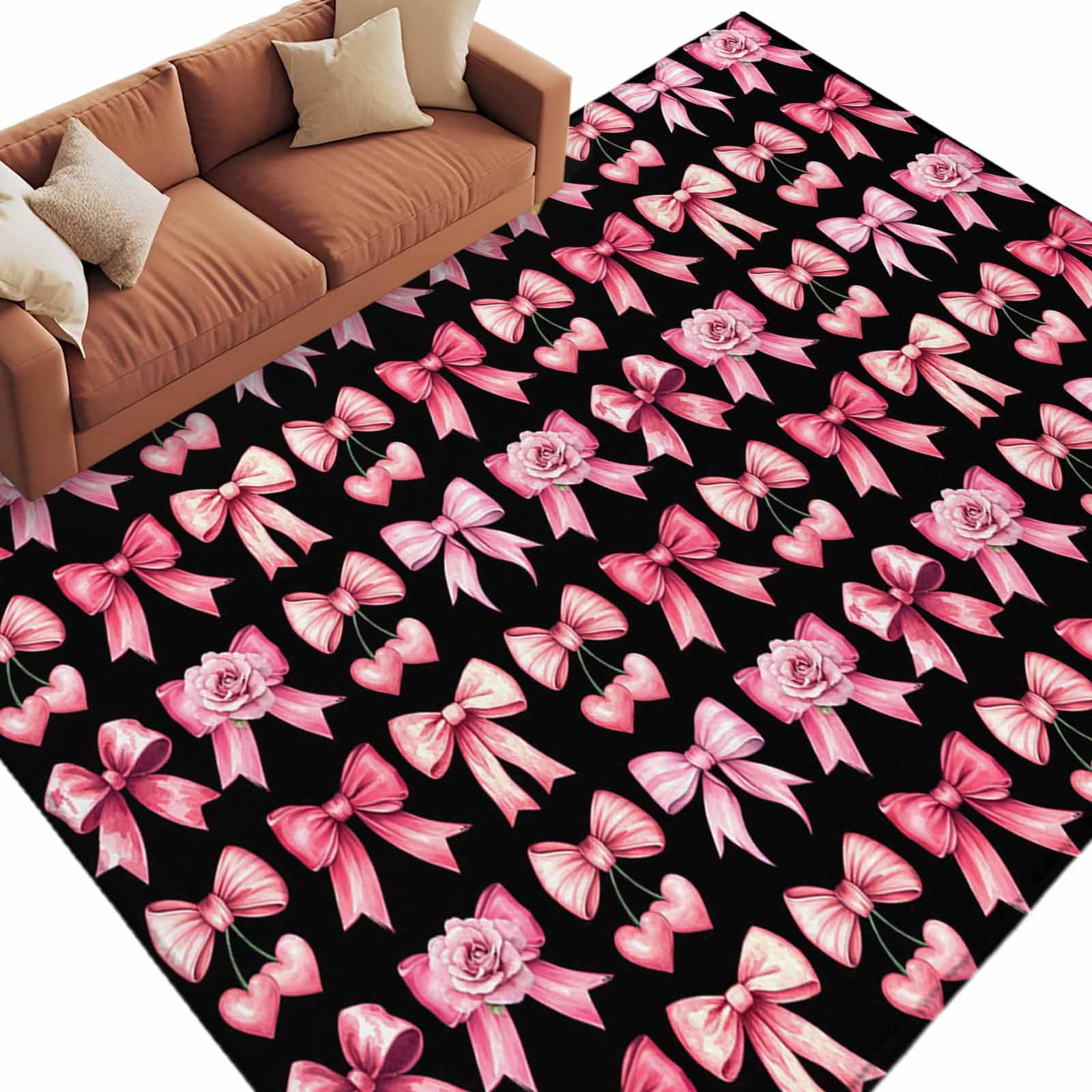 Aesthetic Bows Washable Area Rug 6 x 9 ft Pink Bow Rose Bow Black ...