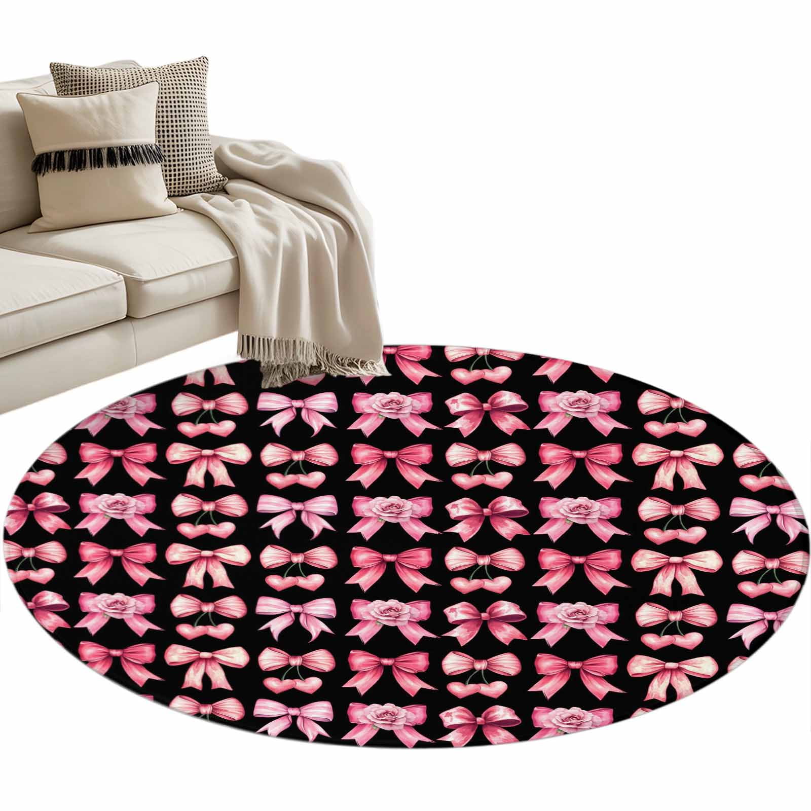 Aesthetic Bows Washable Round Area Rug 4 ft, Pink Bow Rose Bow Black ...
