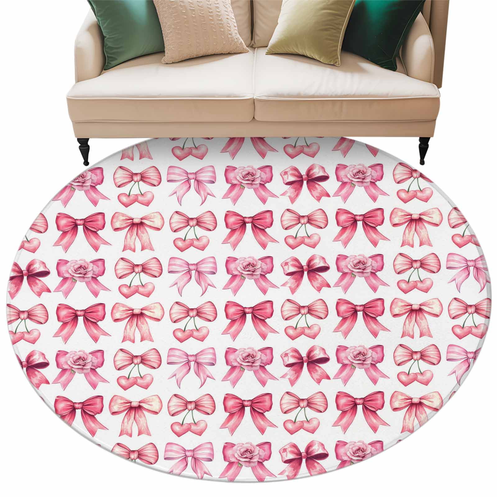 Aesthetic Bows Washable Round Area Rug 7 ft, Pink Rose Bow Love Bow ...