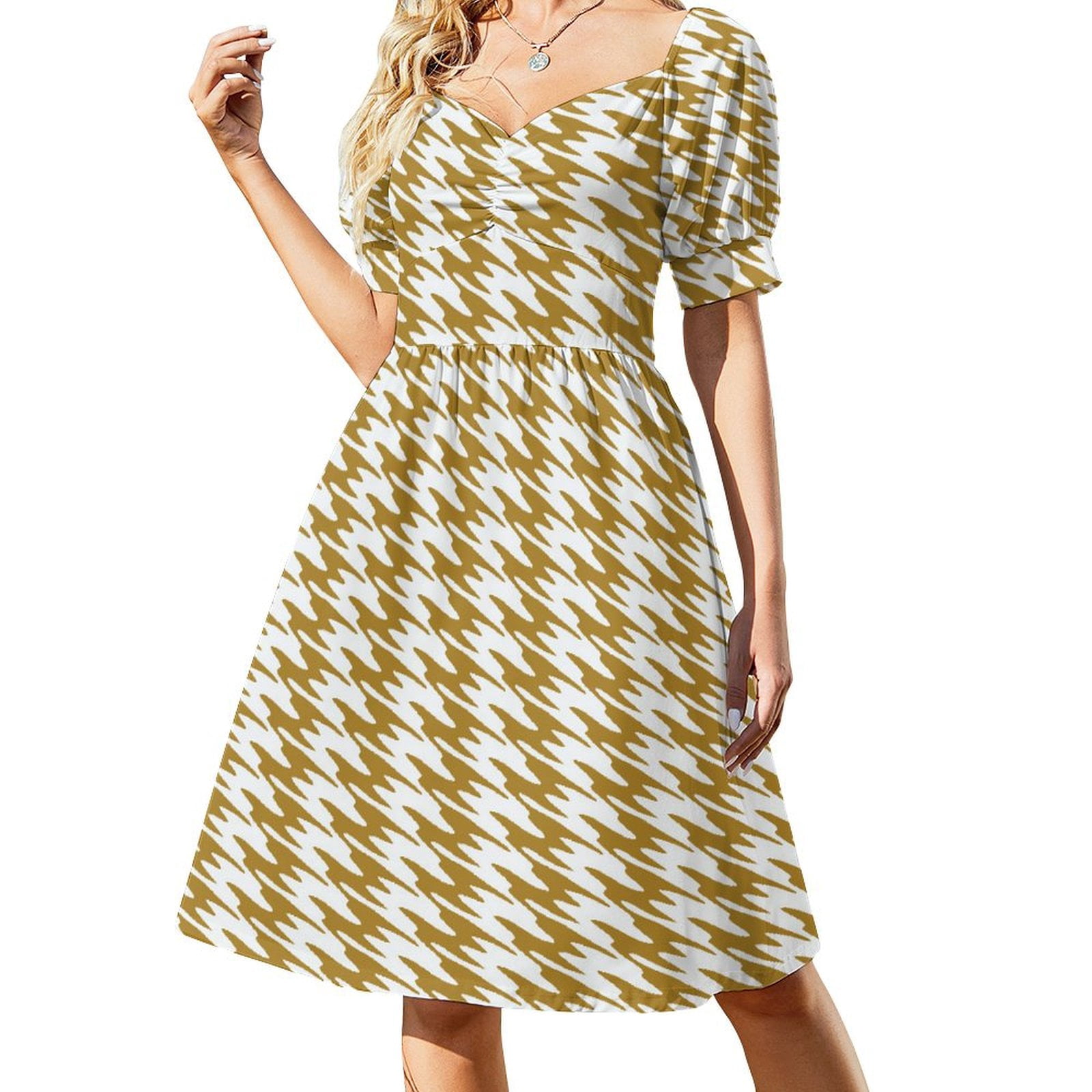 Aesthetic Brown Beige And White Ripple Short Sleeve Dress Clothes Women ...