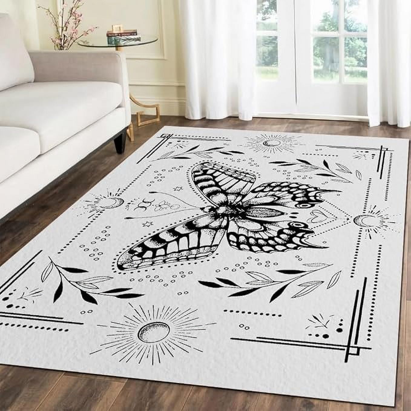 Aesthetic Butterfly Leaf Botanical Area Rug, Line Drawing Patterns Rug ...