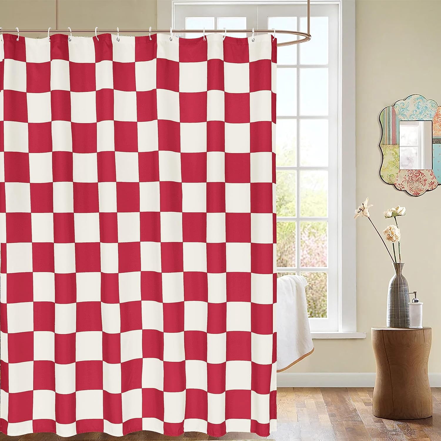 Aesthetic Checkerboard Grid Pattern Shower Curtain, Beige Red Modern ...