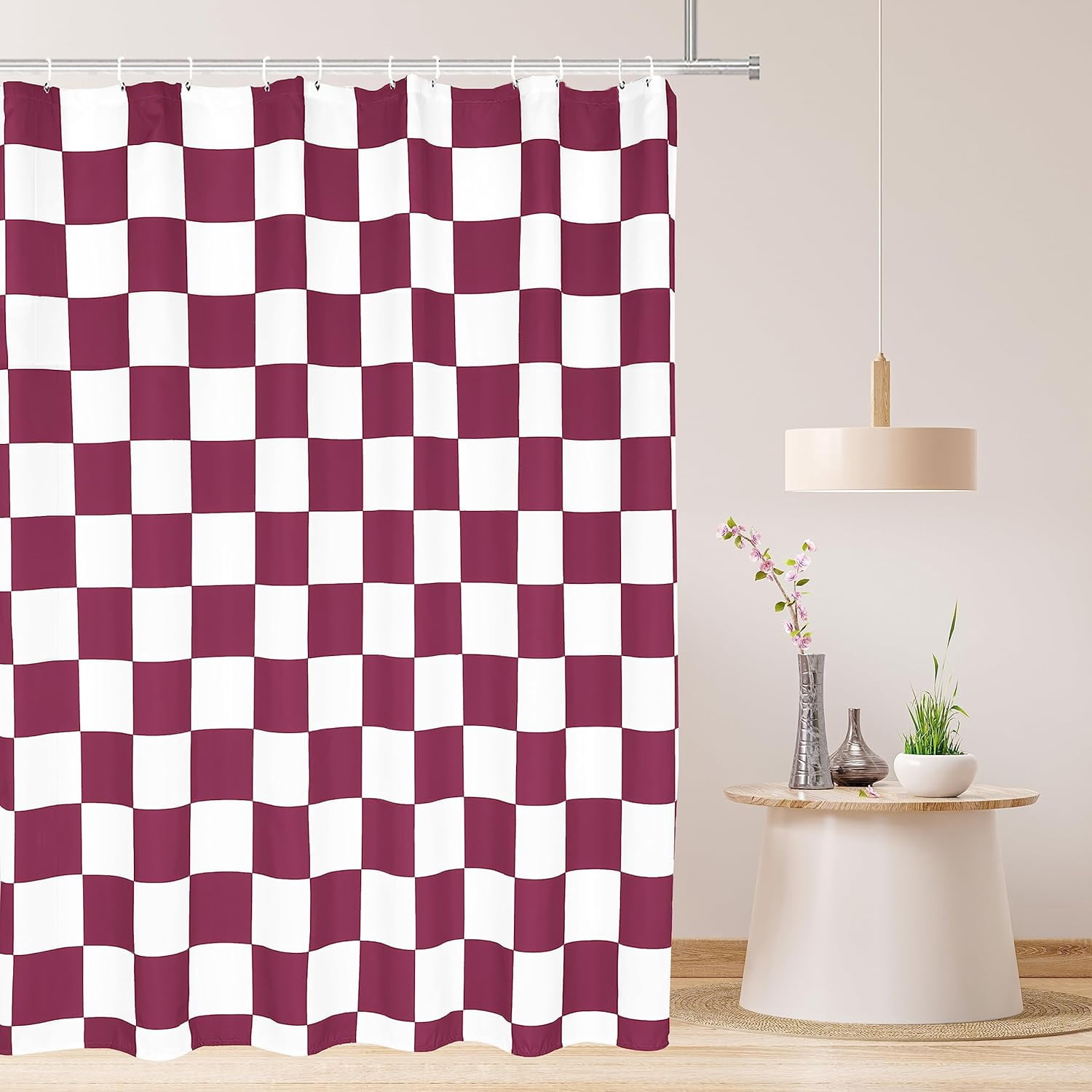 Aesthetic Checkerboard Grid Pattern Shower Curtain, White Burgundy Red ...