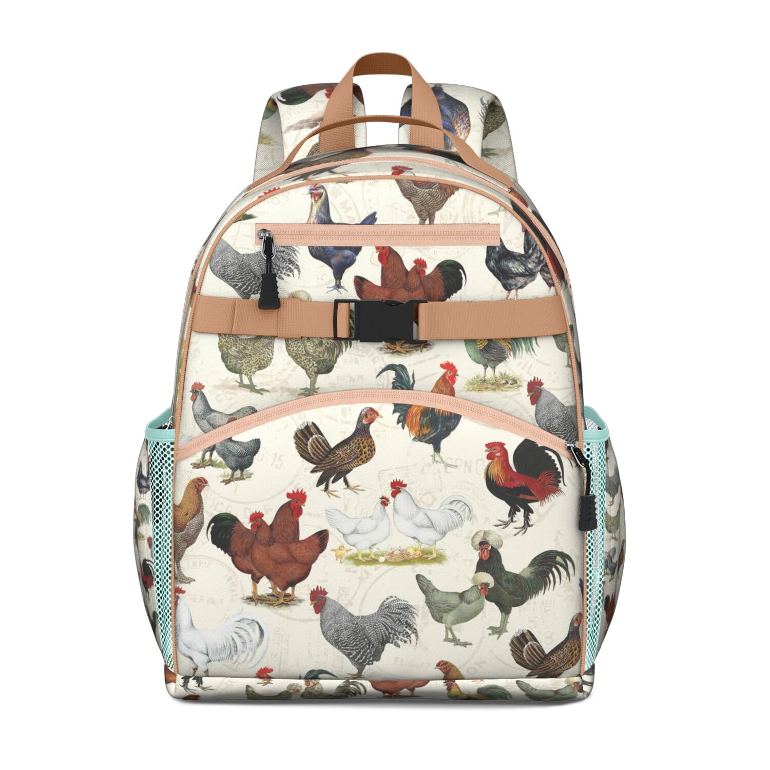 Aesthetic Chicken Print Backpack Hand-Drawn Farm Animal Design with ...