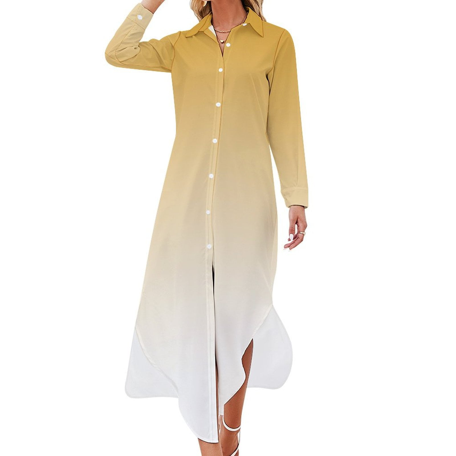 Aesthetic Chrome Yellow And White Gradient Shirt Dress Long Sleeve ...