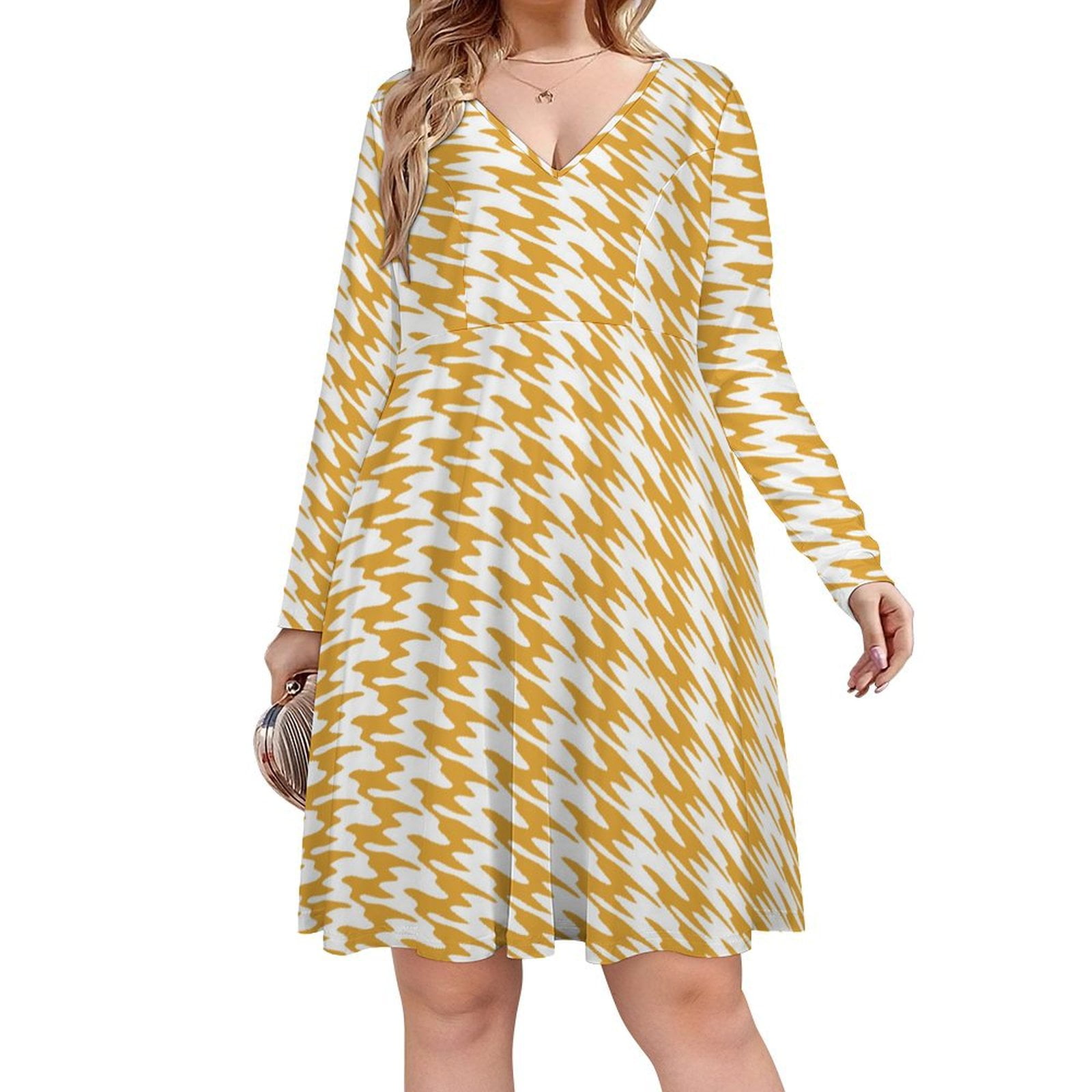 Aesthetic Chrome Yellow And White Ripple Long Sleeve Dresses For Women ...
