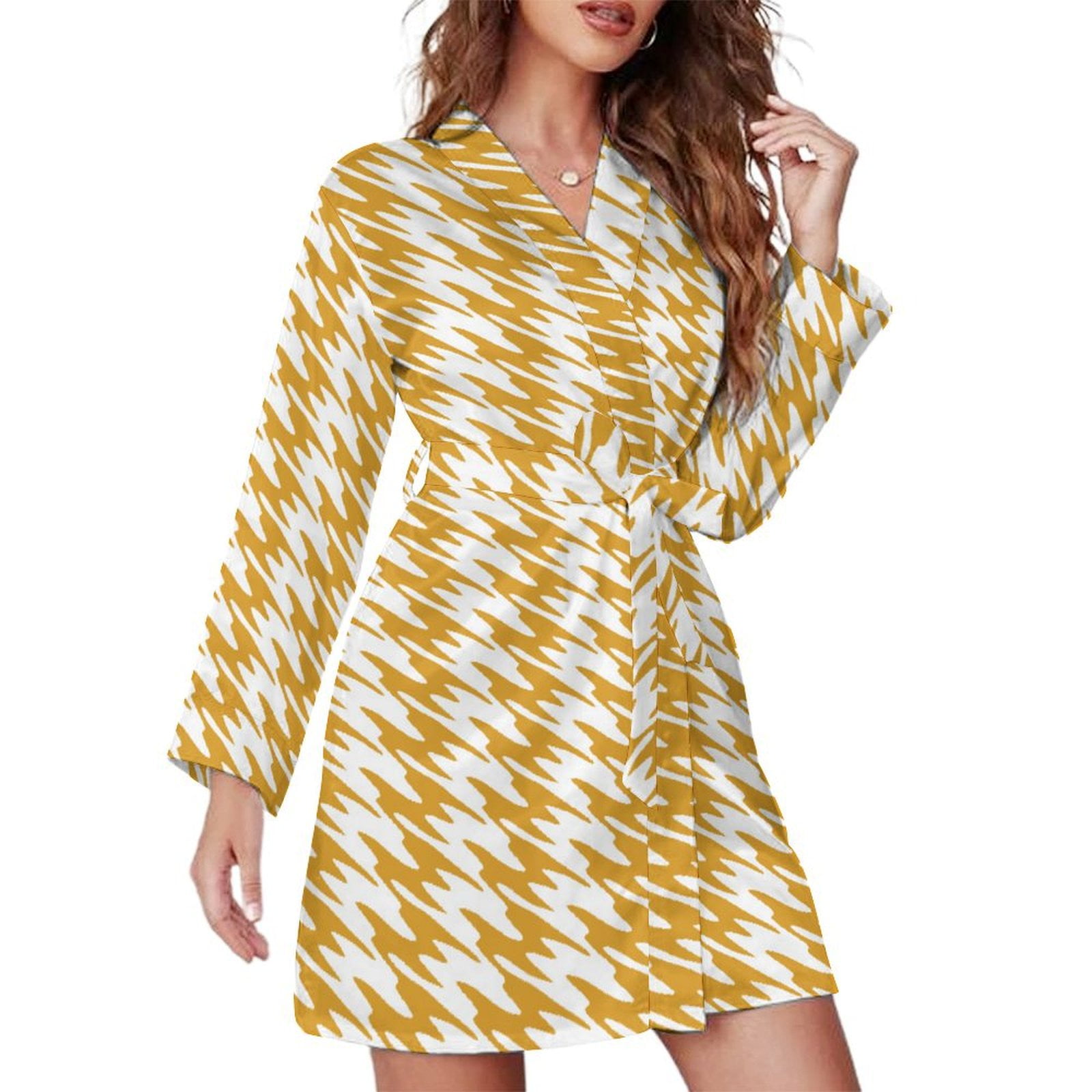 Aesthetic Chrome Yellow And White Ripple Night Robe Long Sleeve V Neck ...