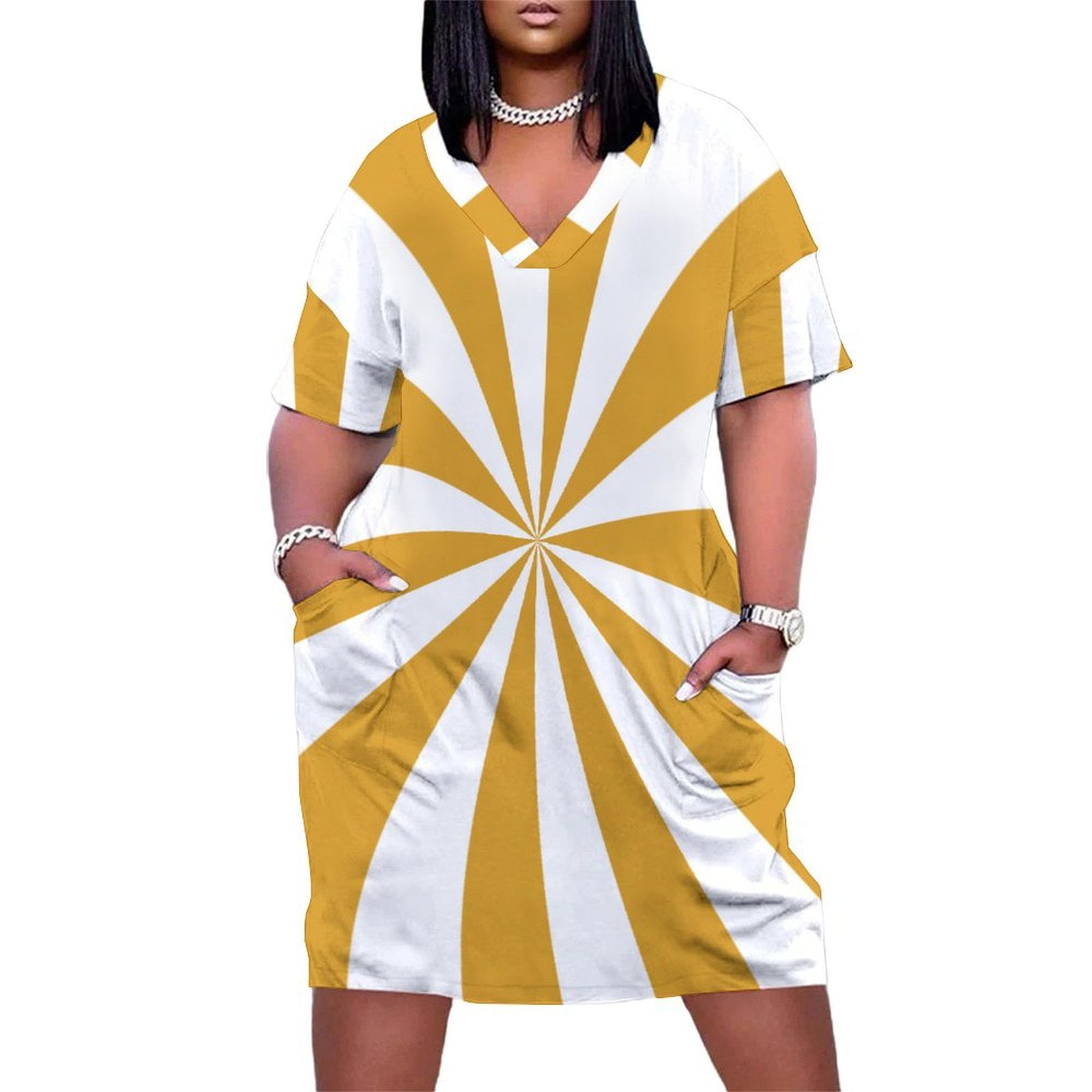 Aesthetic Chrome Yellow And White Sunburst Loose Pocket Dress Dresses ...