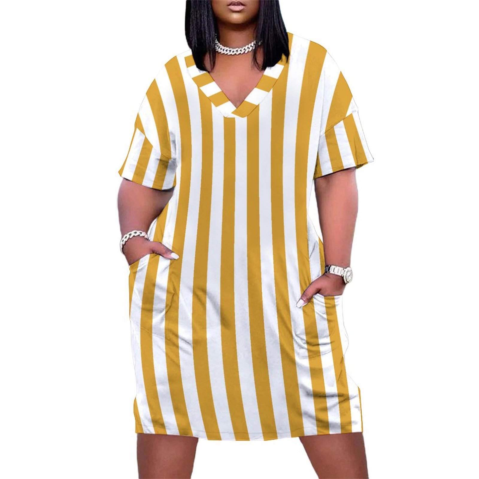 Aesthetic Chrome Yellow And White Vertical Loose Pocket Dress Dresses ...