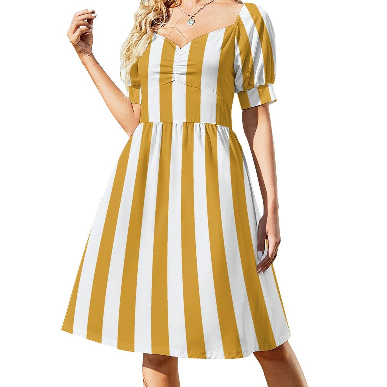 Aesthetic Chrome Yellow And White Vertical Short Sleeve Dress Clothes ...