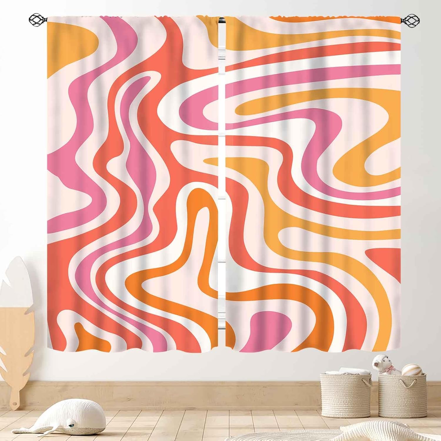 Aesthetic Curtains for Bedroom, Retro Groovy Cute 70s Orange Pink ...