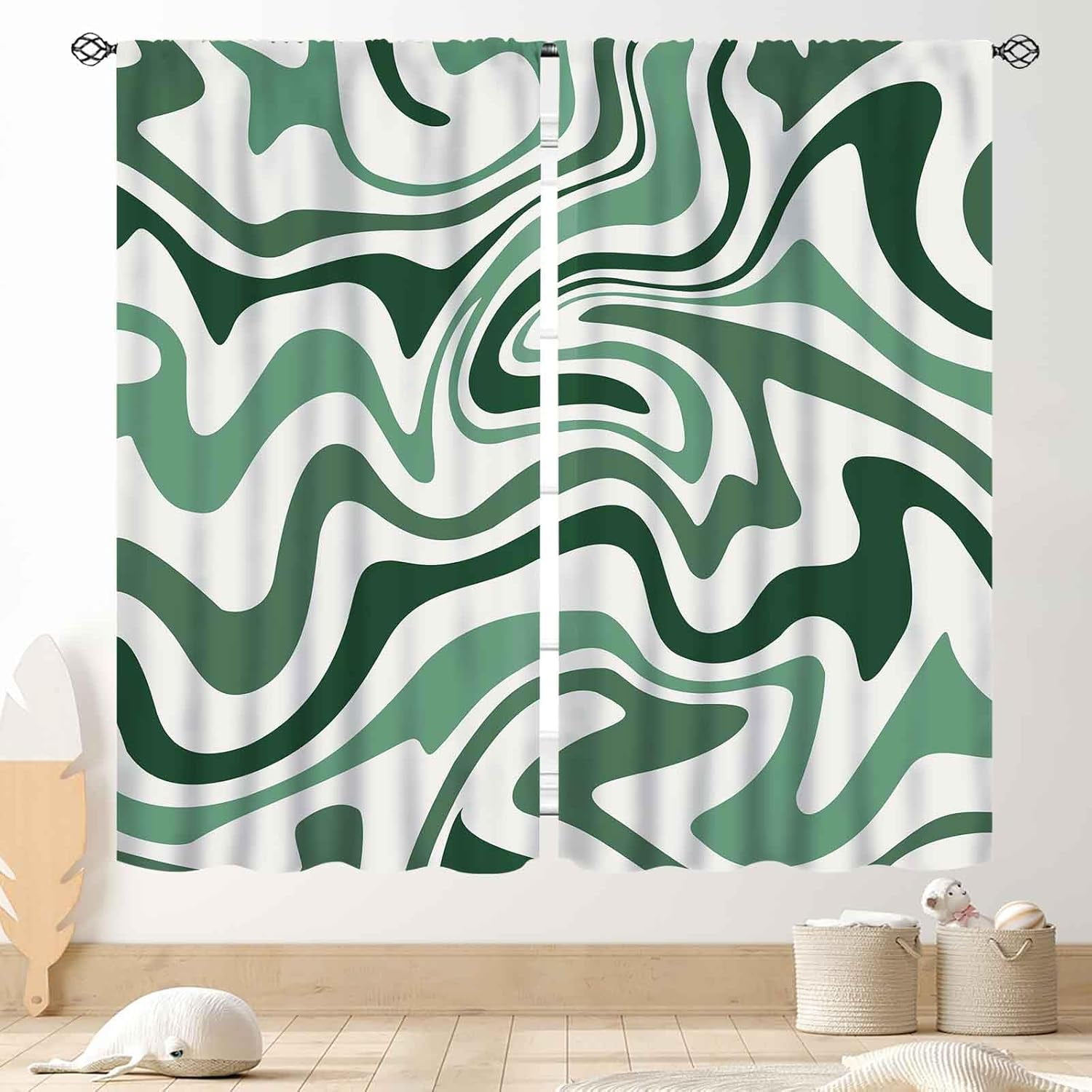 Aesthetic Curtains, Hippie Retro Groovy Cute 70s Green Spiral Swirl ...
