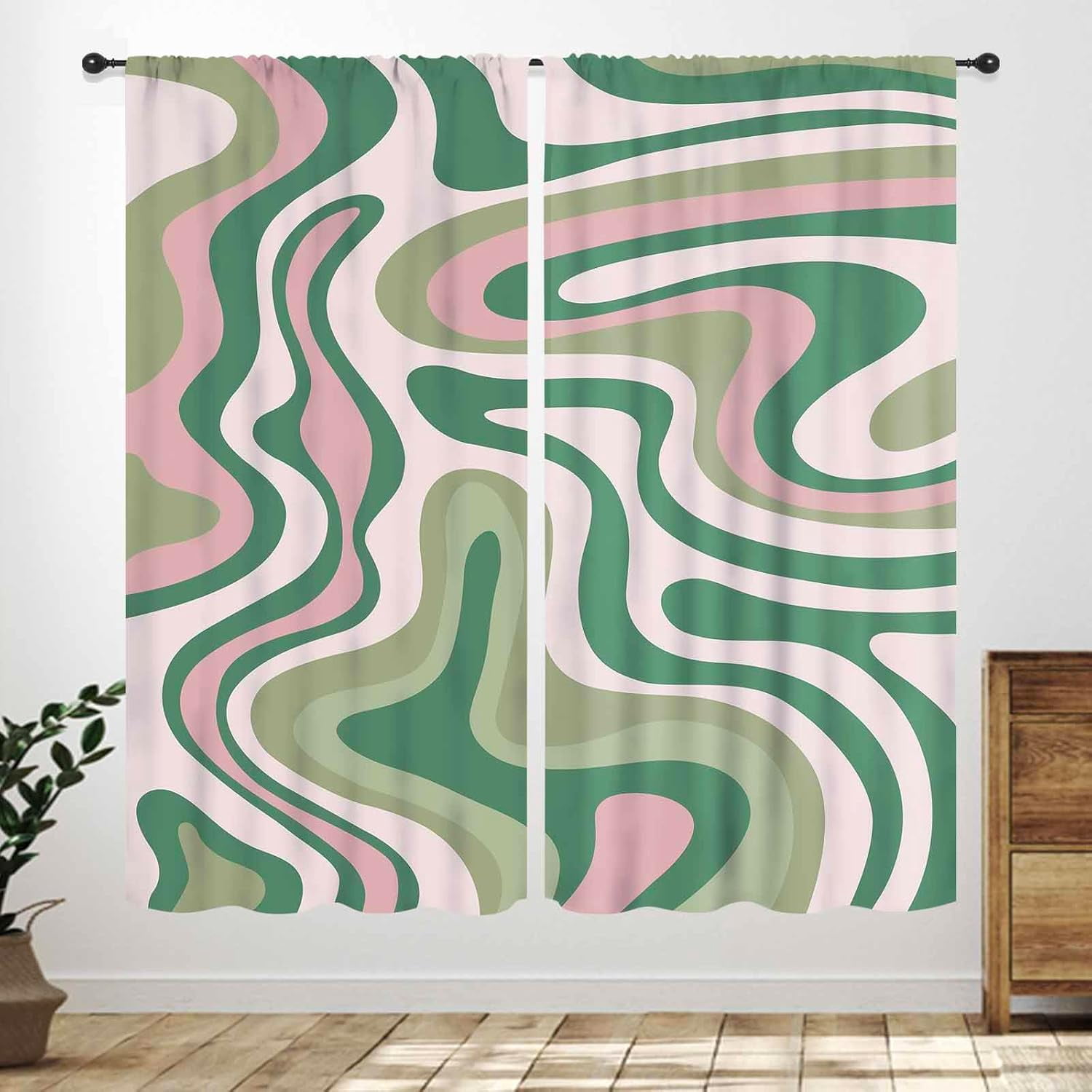 Aesthetic Curtains,Retro Boho 70s Hippie Groovy Green Spiral Swirl ...