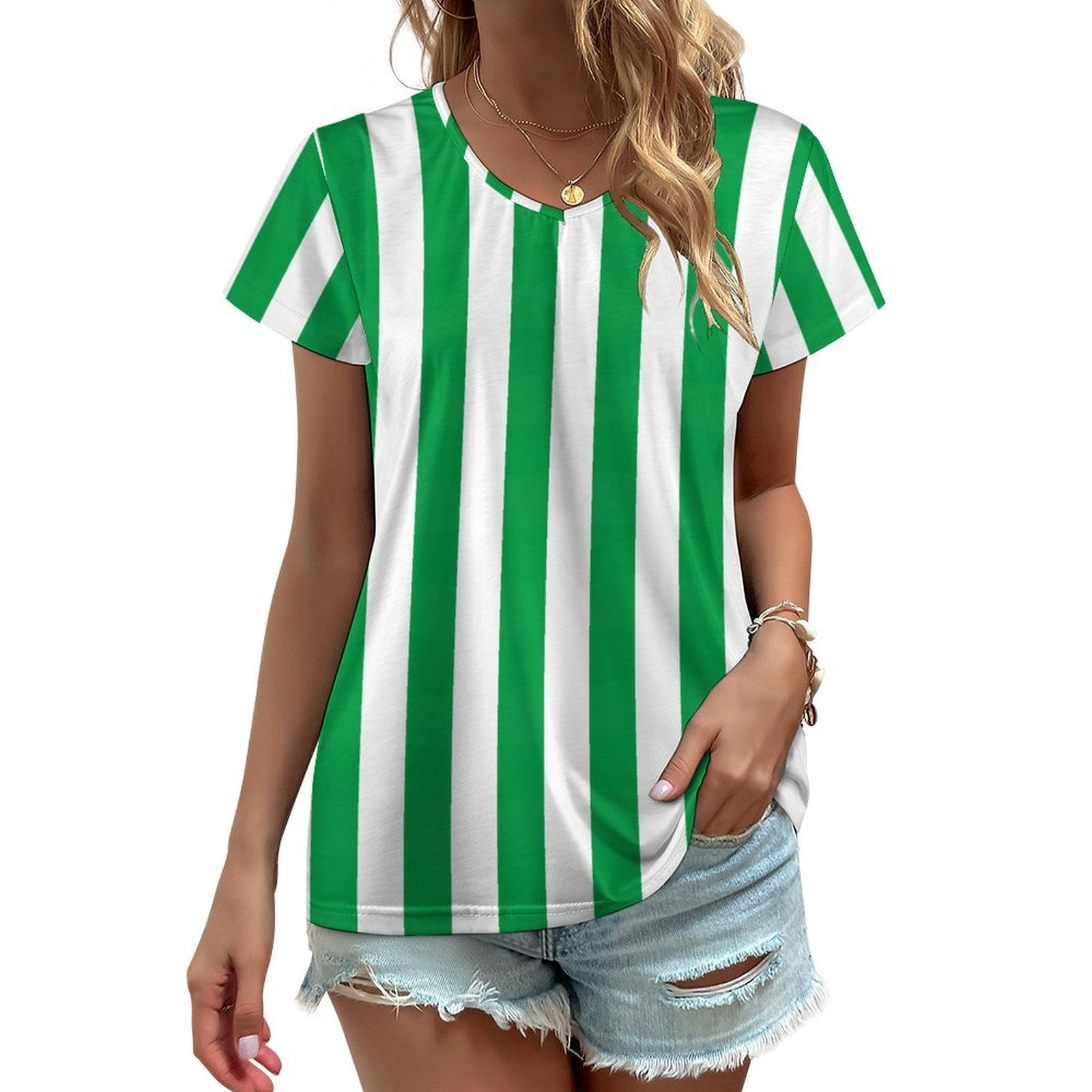 Aesthetic Dark Green And White Vertical Women's Blouse Short Sleeve ...