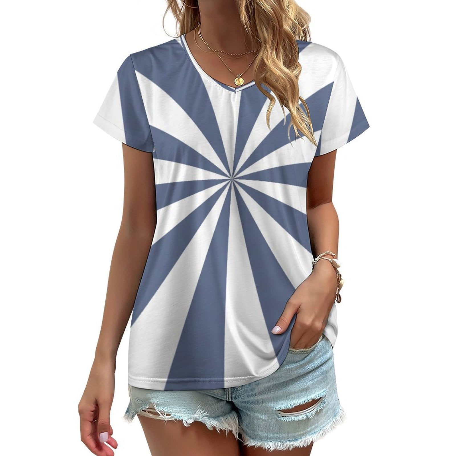 Aesthetic Distant Blue And White Sunburst Women's Blouse Short Sleeve ...