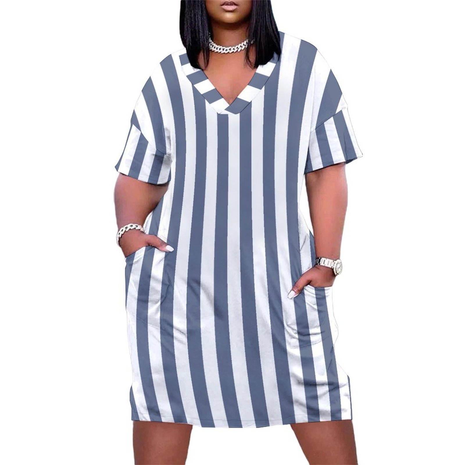 Aesthetic Distant Blue And White Vertical Loose Pocket Dress Dresses ...