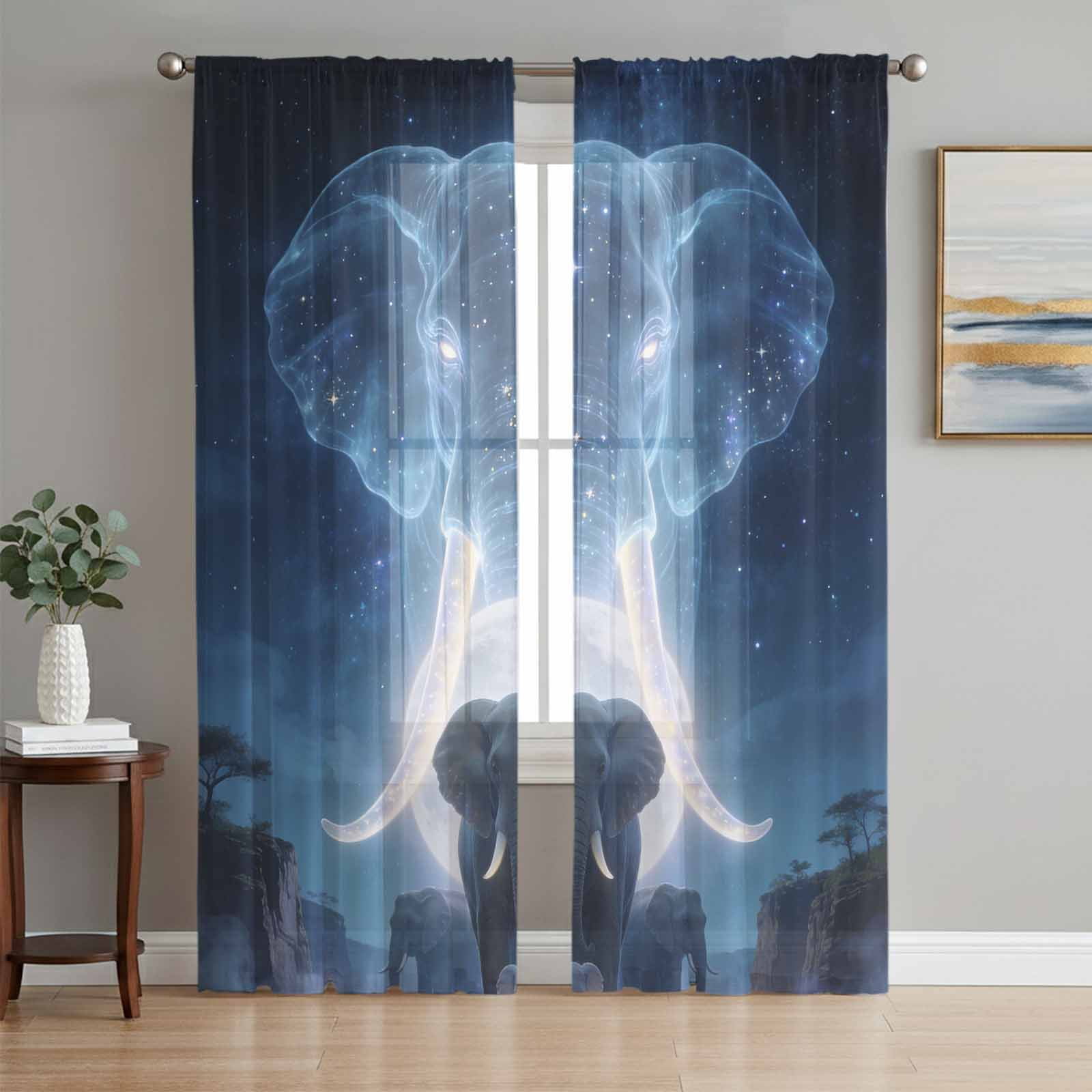 Aesthetic Elephants Sheer Curtains for Living Room Bedroom Black Forest ...