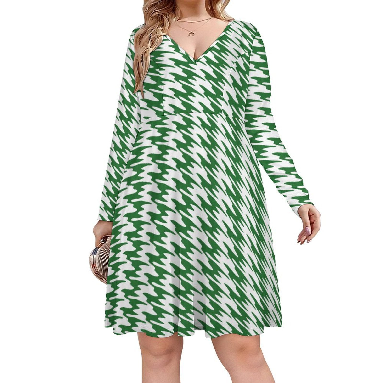 Aesthetic Emerald Green And White Ripple Long Sleeve Dresses For Women Vintage Elegant Party ...