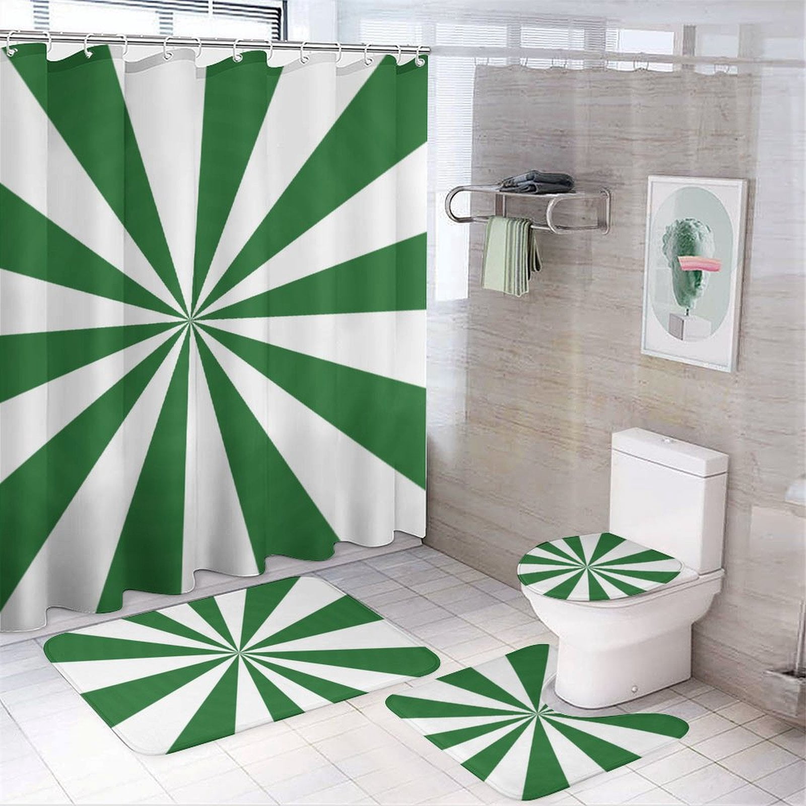 Aesthetic Emerald Green And White Sunburst 4 Pcs Bathroom Shower ...