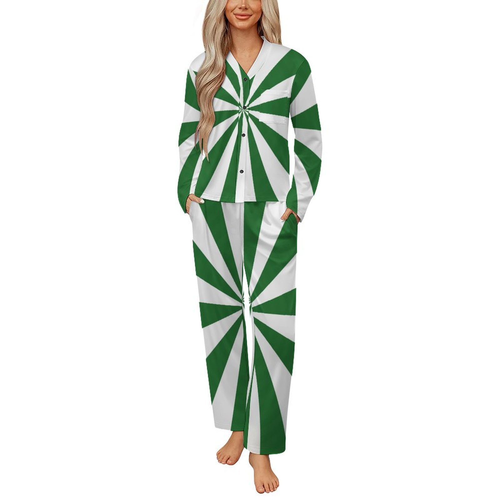Aesthetic Emerald Green And White Sunburst Womens Pyjamas Set Button Up ...