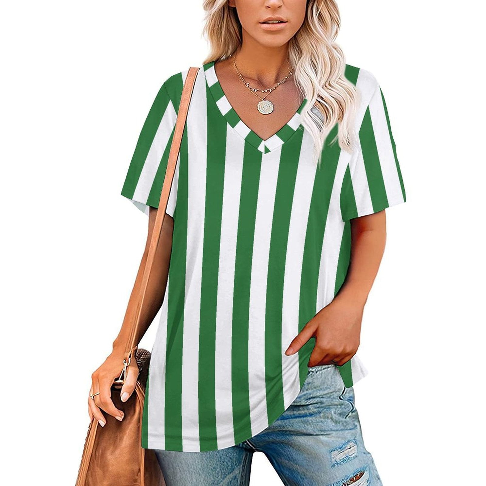 Aesthetic Emerald Green And White Vertical T-Shirts Female Short Sleeve ...