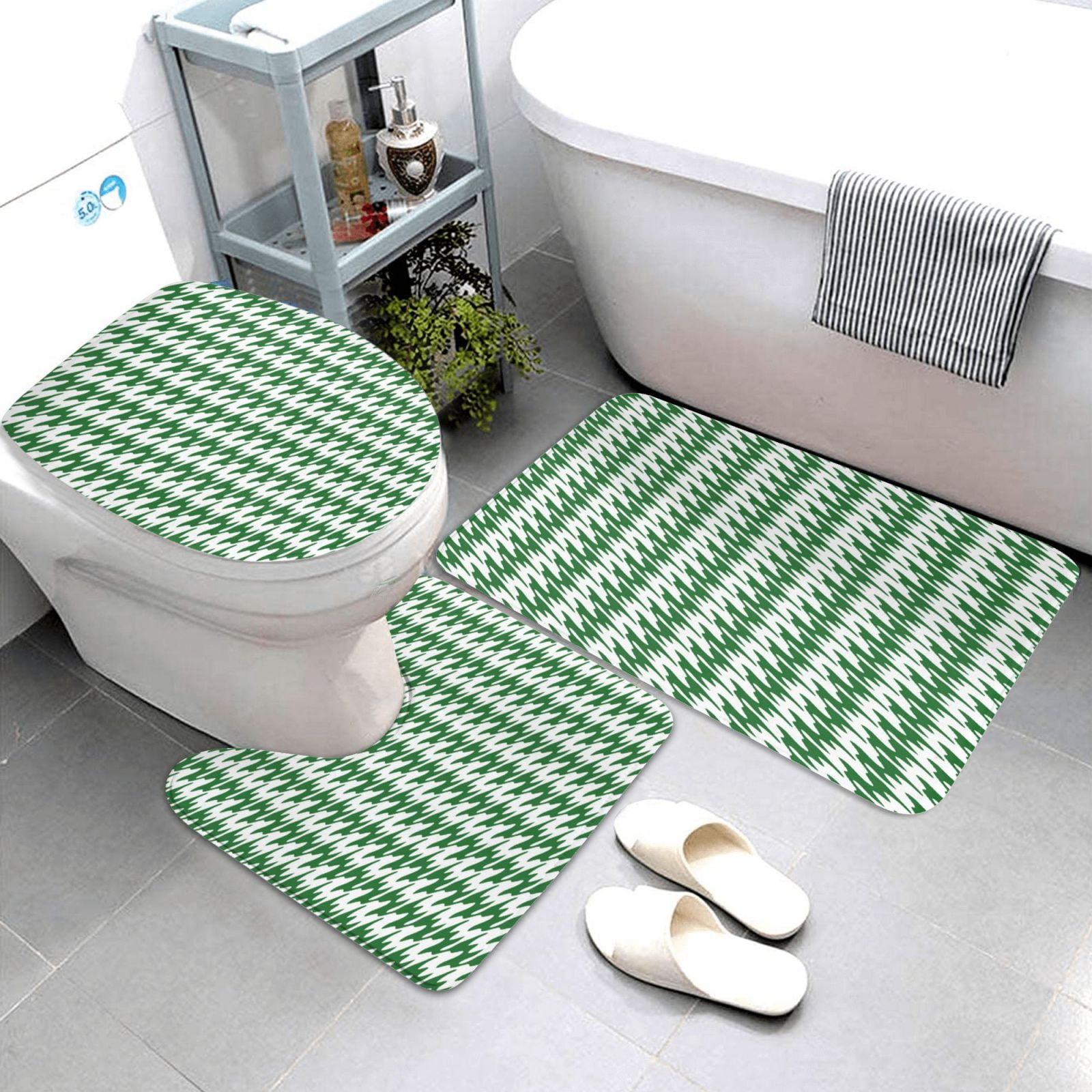Aesthetic Emerald Green and White Ripple Bath Mat Set 3 Piece Non Slip ...