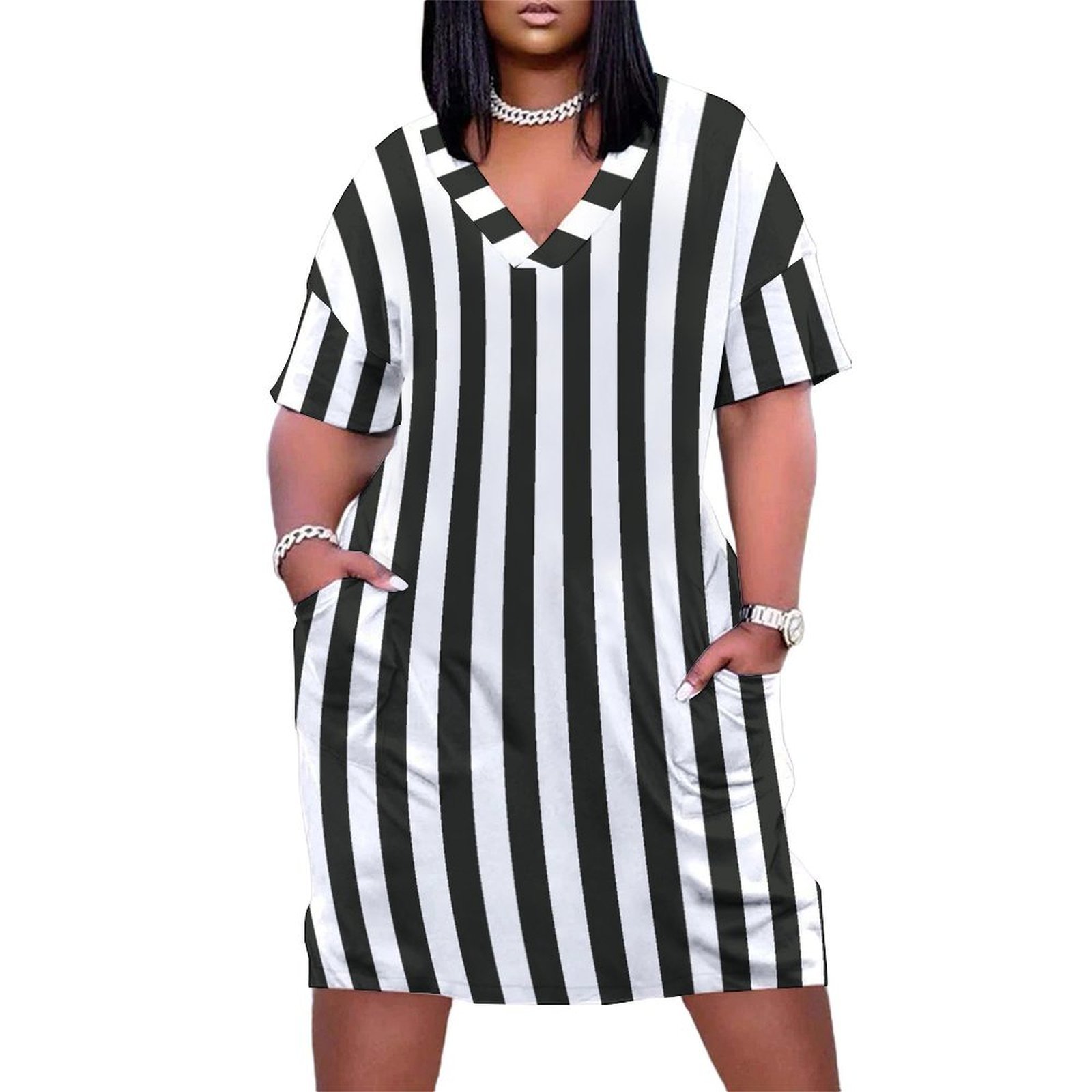 Aesthetic Fir Green And White Vertical Loose Pocket Dress Dresses ...