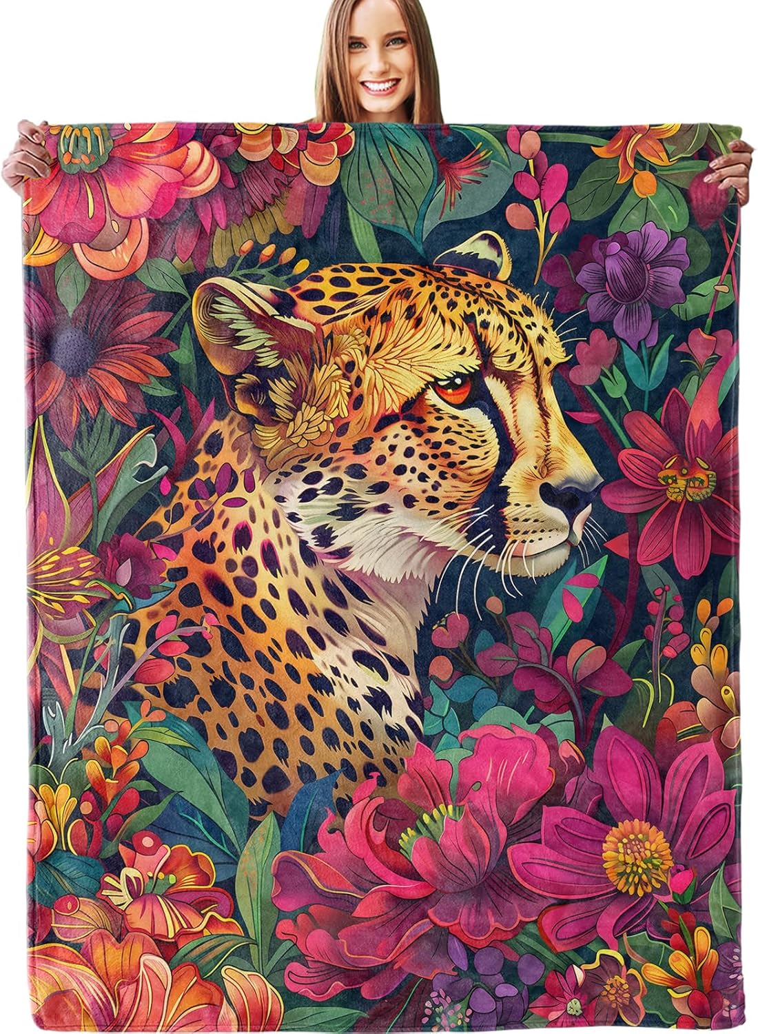 Aesthetic Floral Cheetah Blanket Plush Flannel Throw Blanket for All ...
