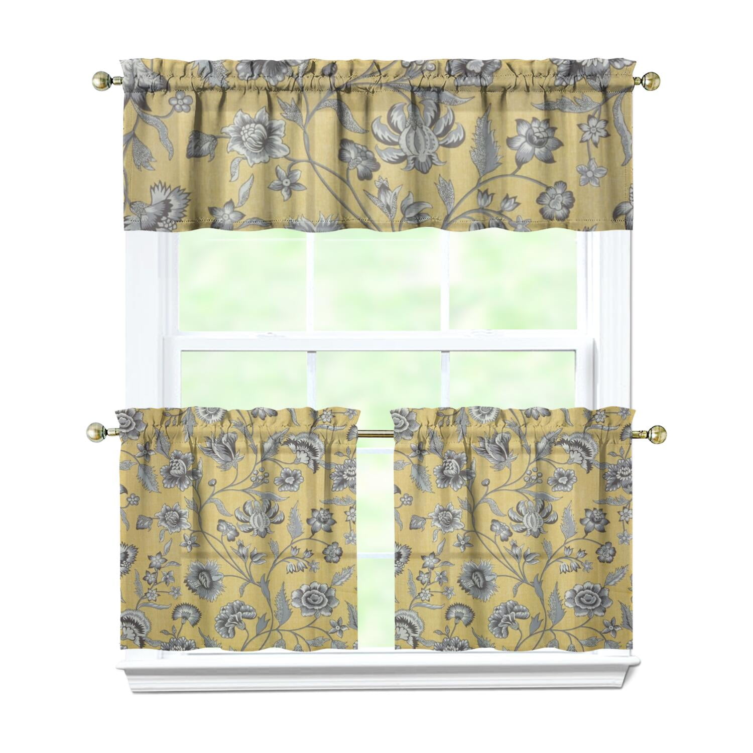Aesthetic Floral Design Kitchen Curtains - 3 Piece Semi-Sheer Tier ...