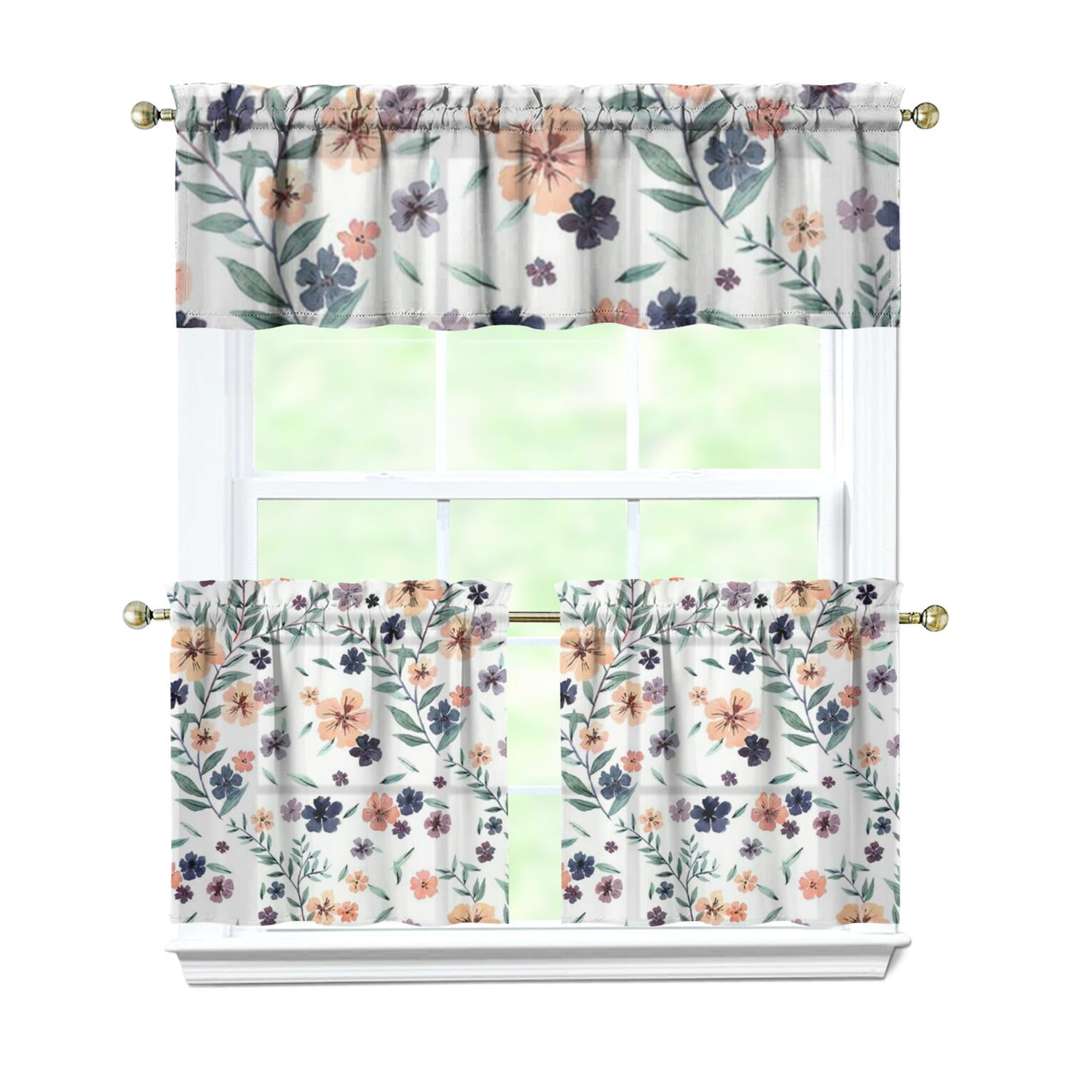 Aesthetic Floral Design Kitchen Curtains - 3 Piece Semi-Sheer Tier ...