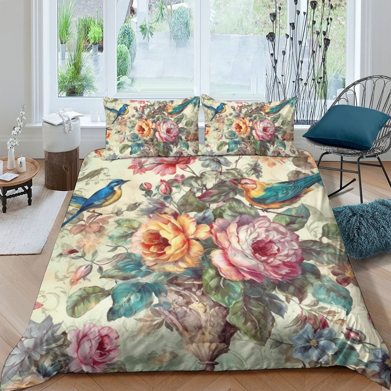 Aesthetic Flower and Bird Painting Comforter Cover Set Girl Woman Soft ...