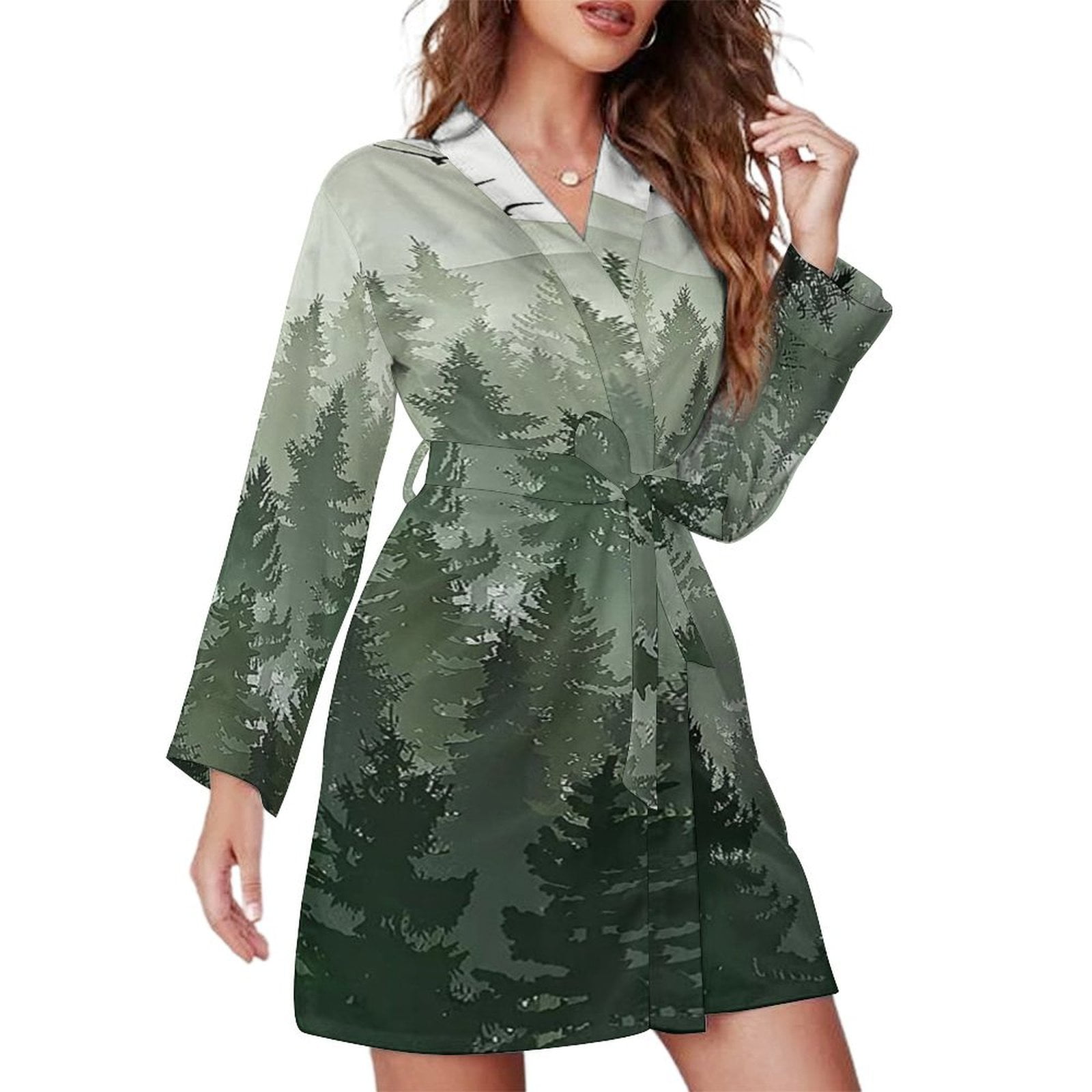 Aesthetic Foggy Mountain View Painting Trees Night Robe Long Sleeve V ...