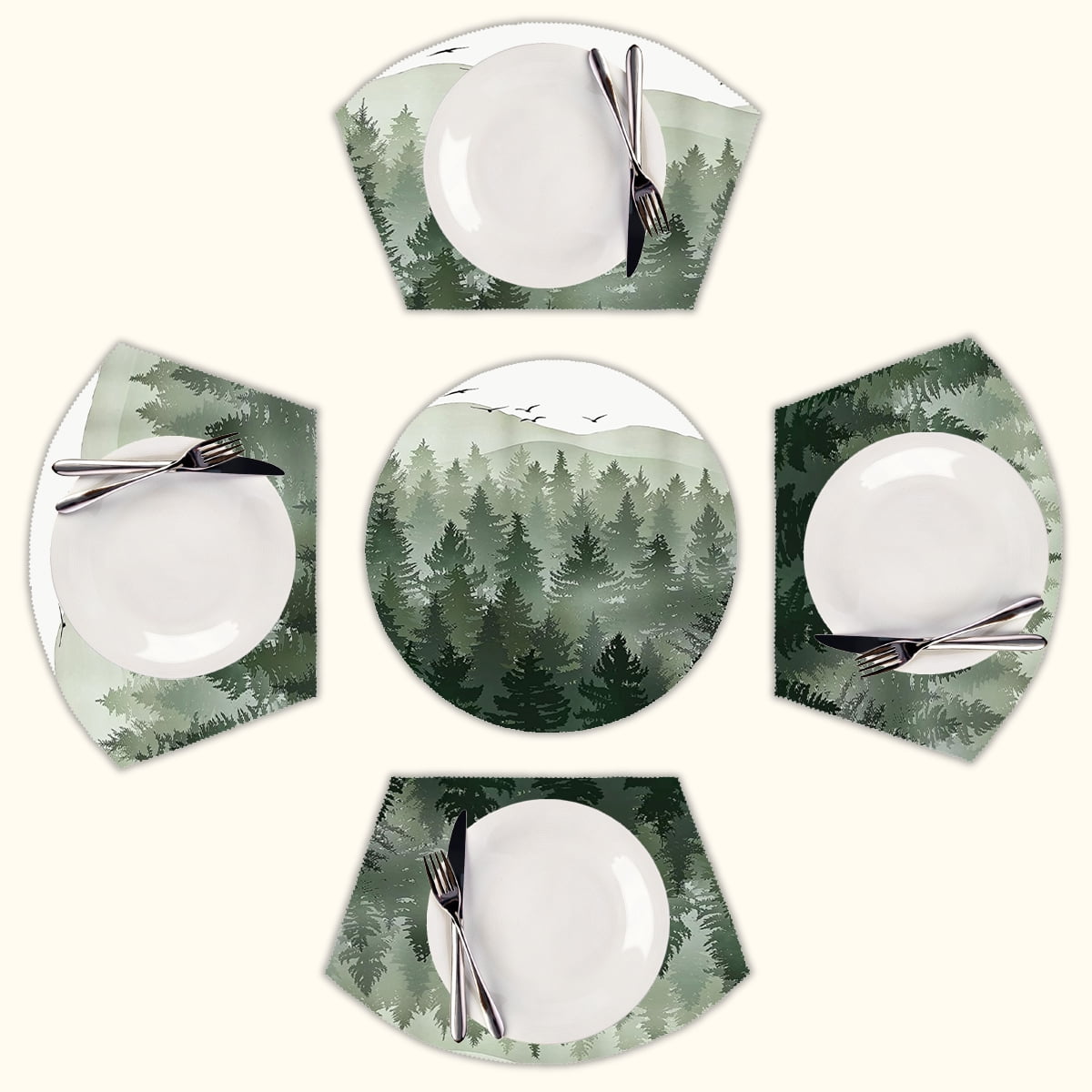 Aesthetic Foggy Mountain View Painting Trees Round Table Placemats Set ...