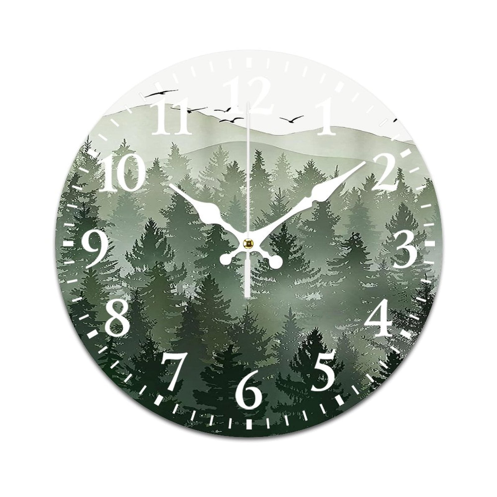 Aesthetic Foggy Mountain View Painting Trees Wall Clock Modern Design ...