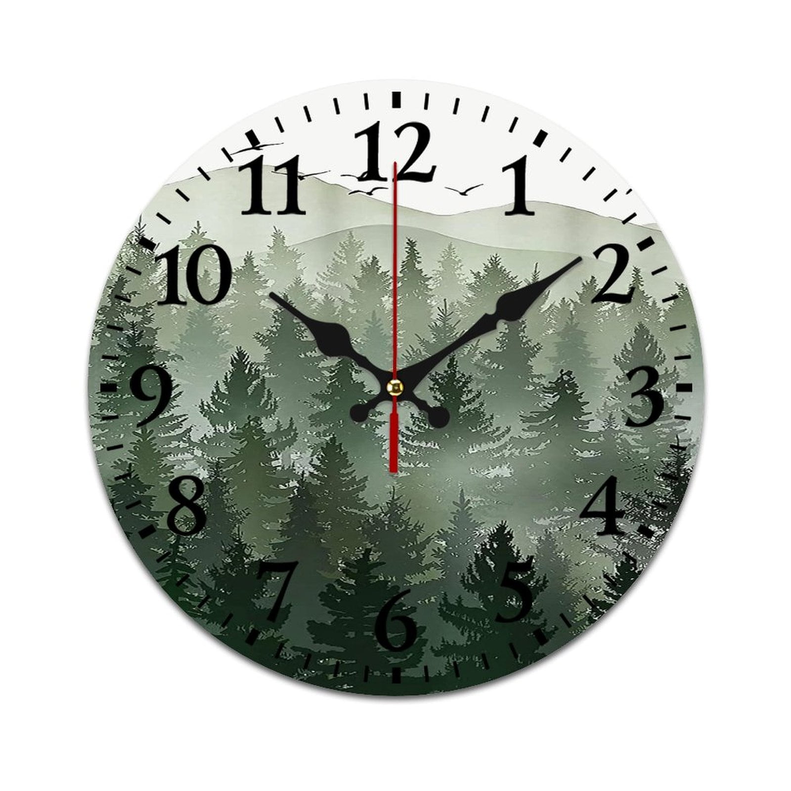 Aesthetic Foggy Mountain View Painting Trees Wall Clock Modern Design ...
