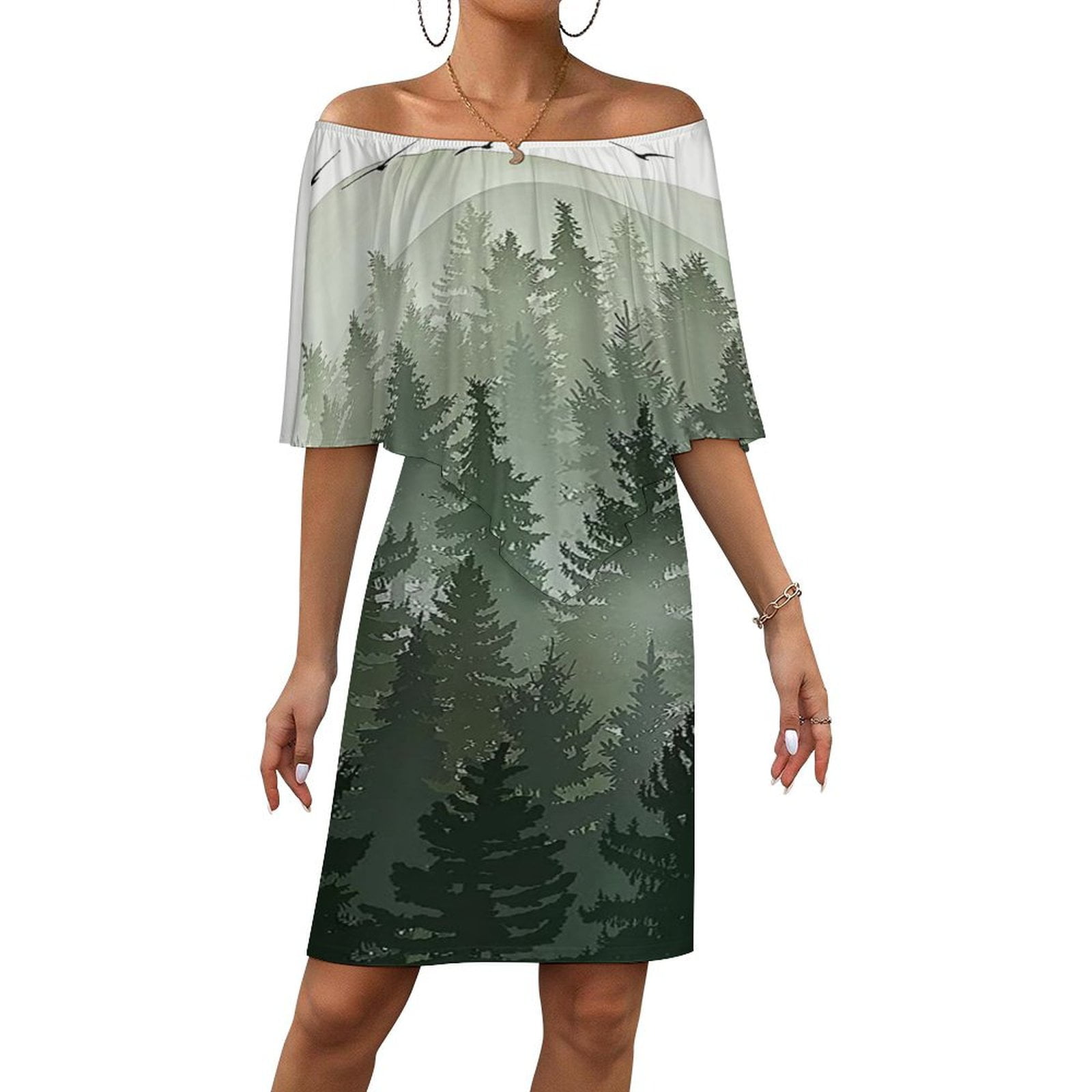 Aesthetic Foggy Mountain View Painting Trees Women's Off The Shoulder ...
