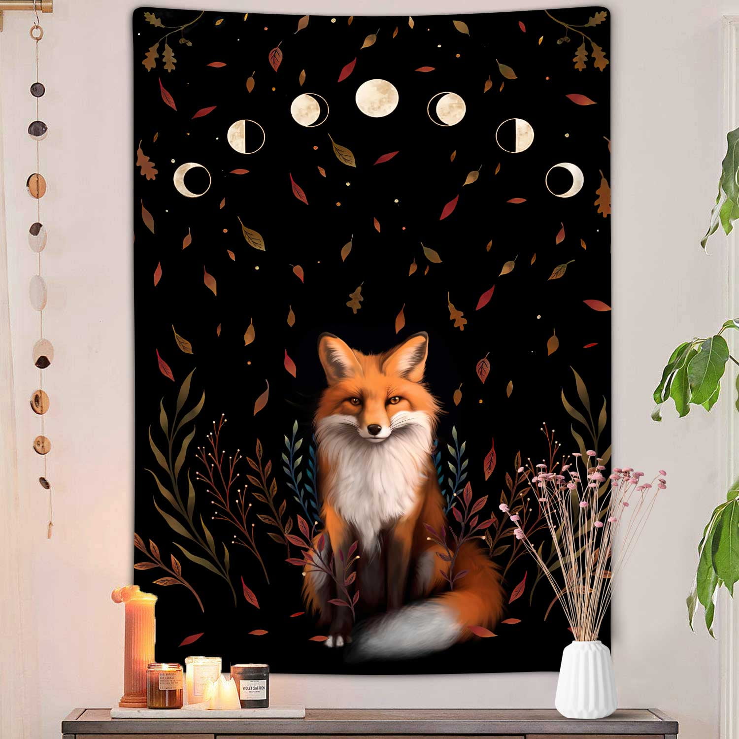 Fox Moon Phase Tapestry, Trippy Animal Floral Witchy Tarot, Wall ...