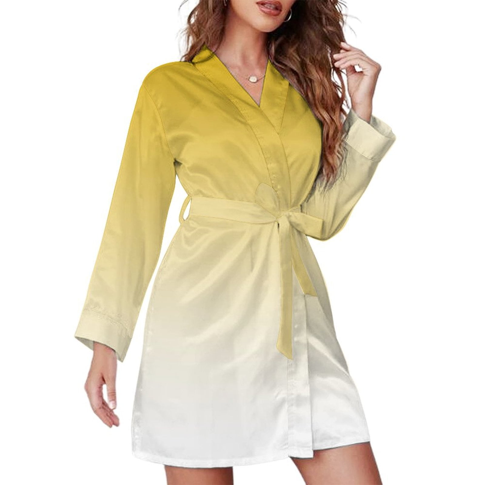 Aesthetic Golden Yellow And White Gradient Night Robe Long Sleeve V Neck Robe With Belt Women's ...