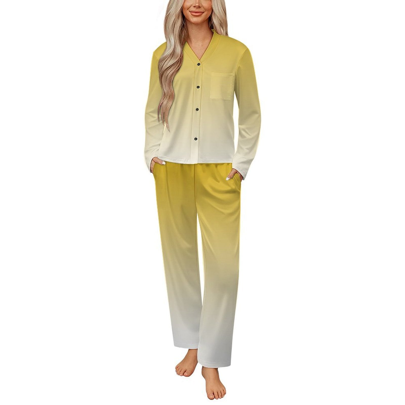 Aesthetic Golden Yellow And White Gradient Womens Pyjamas Set Button Up ...