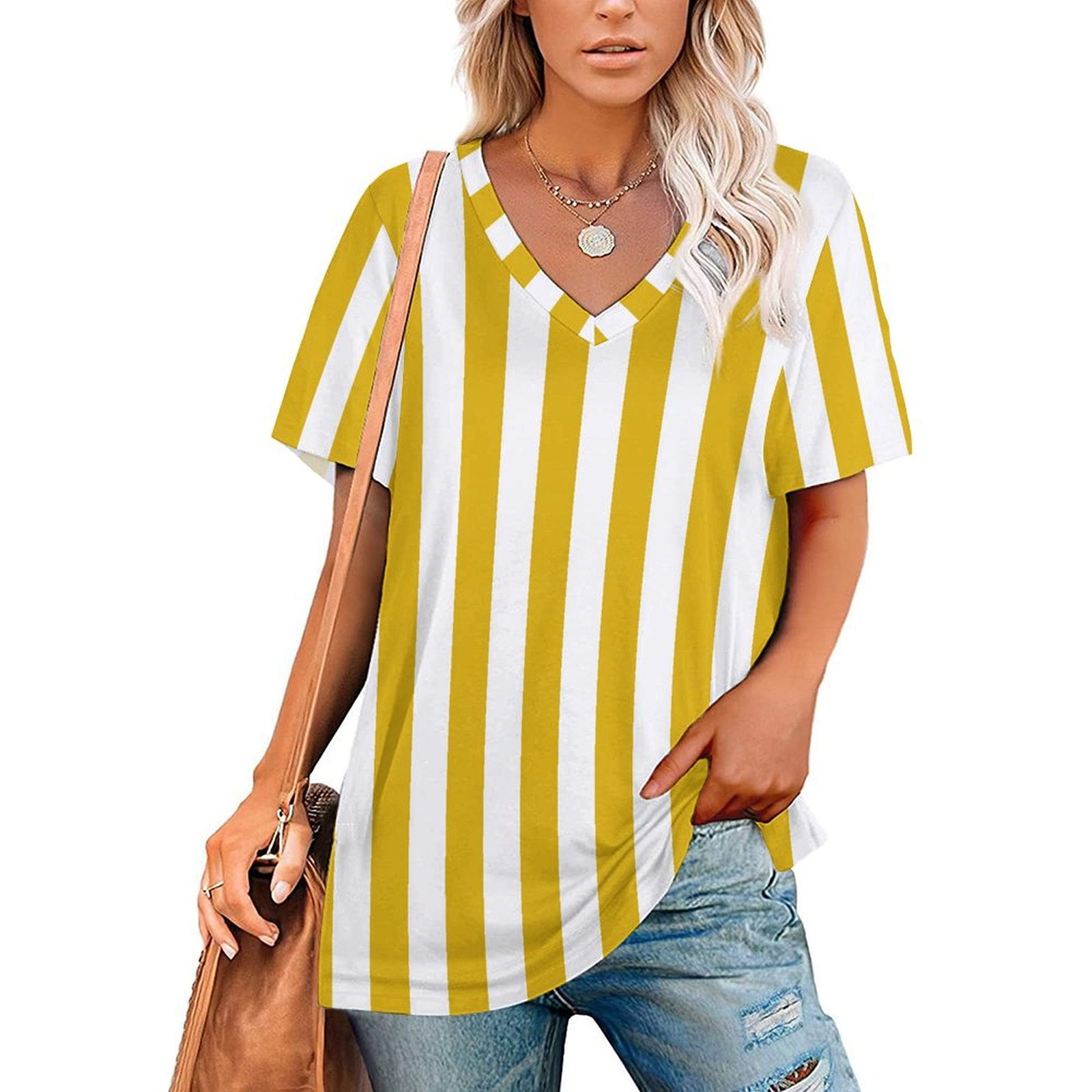 Aesthetic Golden Yellow And White Vertical T-Shirts Female Short Sleeve ...