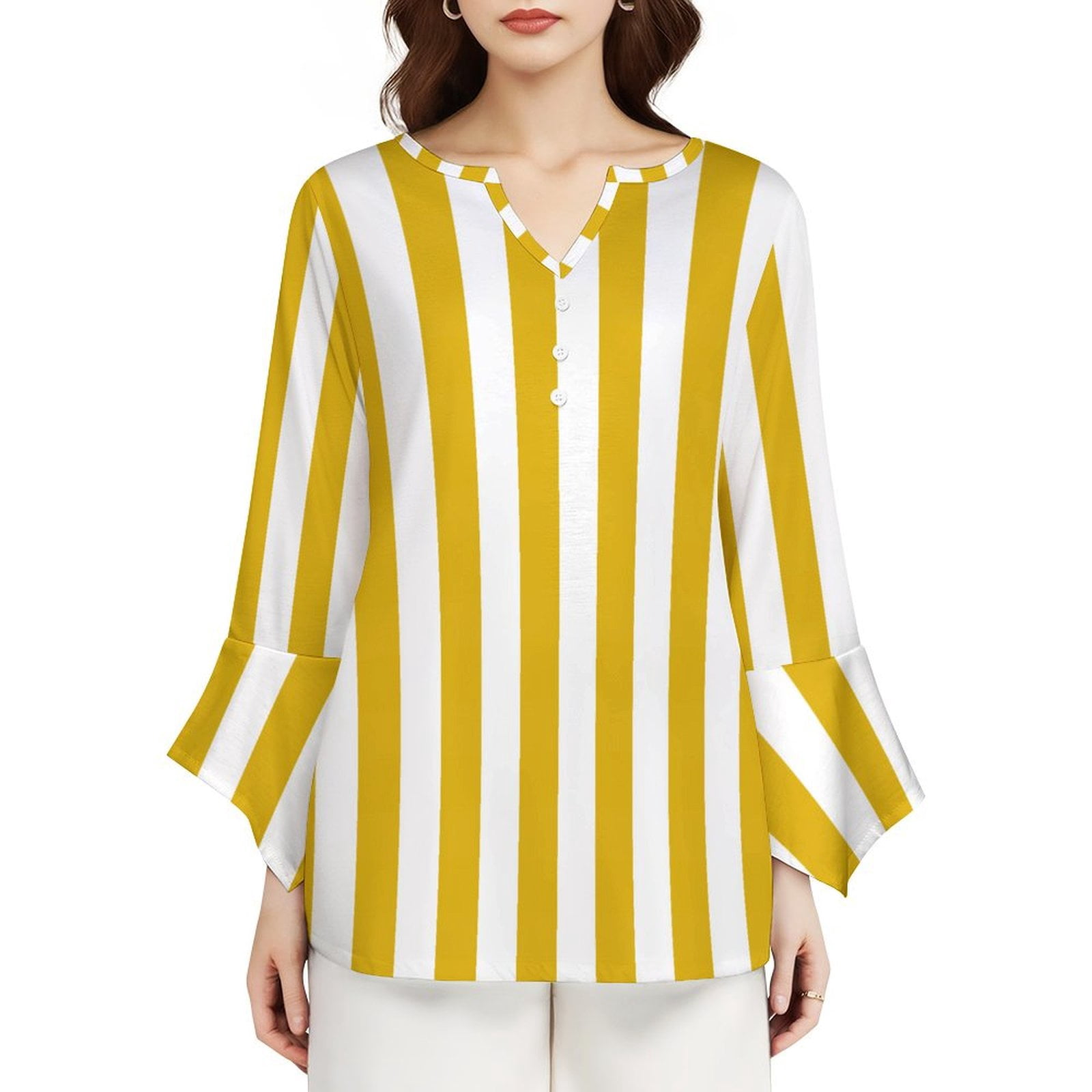 Aesthetic Golden Yellow And White Vertical Women's Long Sleeve Loose T ...