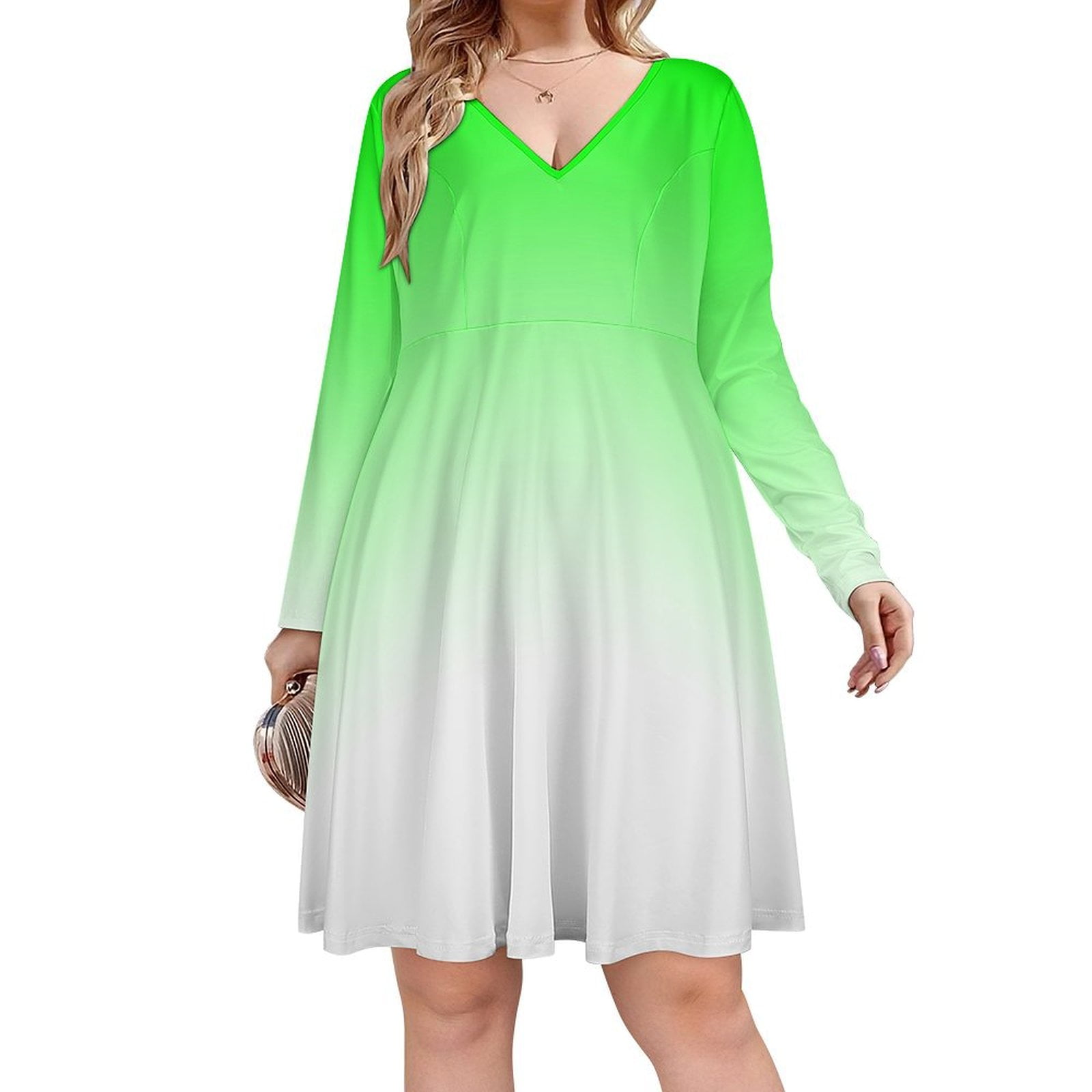 Aesthetic Green And White Gradient Long Sleeve Dresses For Women ...